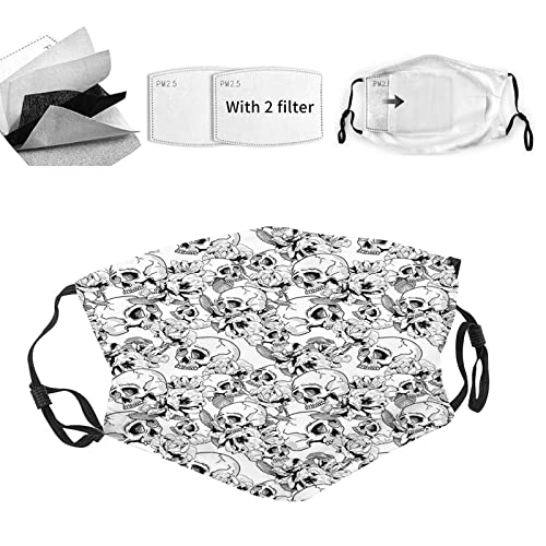 SARNFANS Day of The Dead Reusable Face Masks with adjustment Earloop,Mexican Spanish Dead Skulls,Protection 5-ply Breathable Face Masks for Adult,Black and White