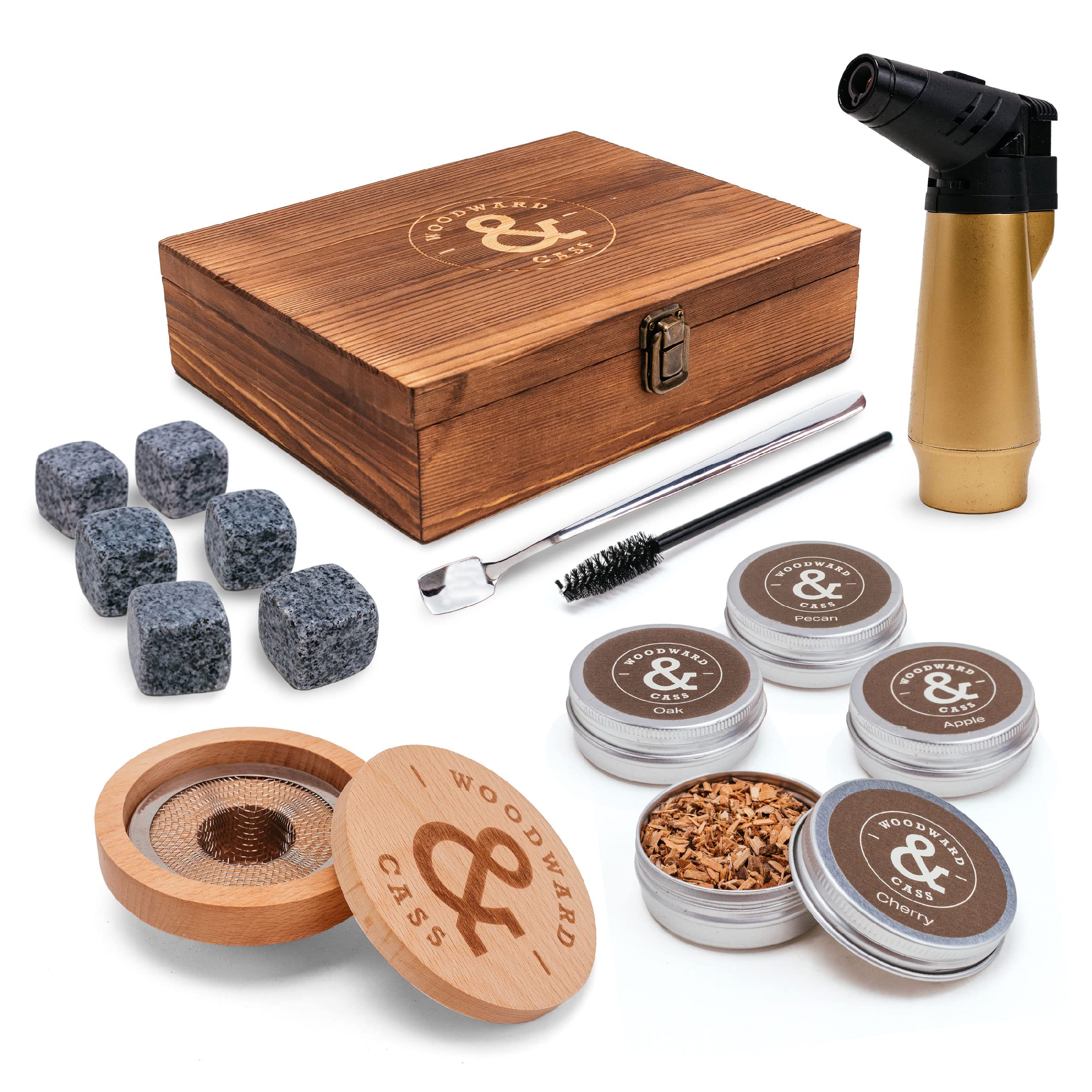 Woodward & Cass Whiskey Smoker Kit with Torch - 8 Piece Set - Drink Smoker Infuser Kit with Wood Box, Torch, Smoker, 4 Wood Chip Flavors, and Recipe Booklet - Bourbon Smoker Kit for Drinks