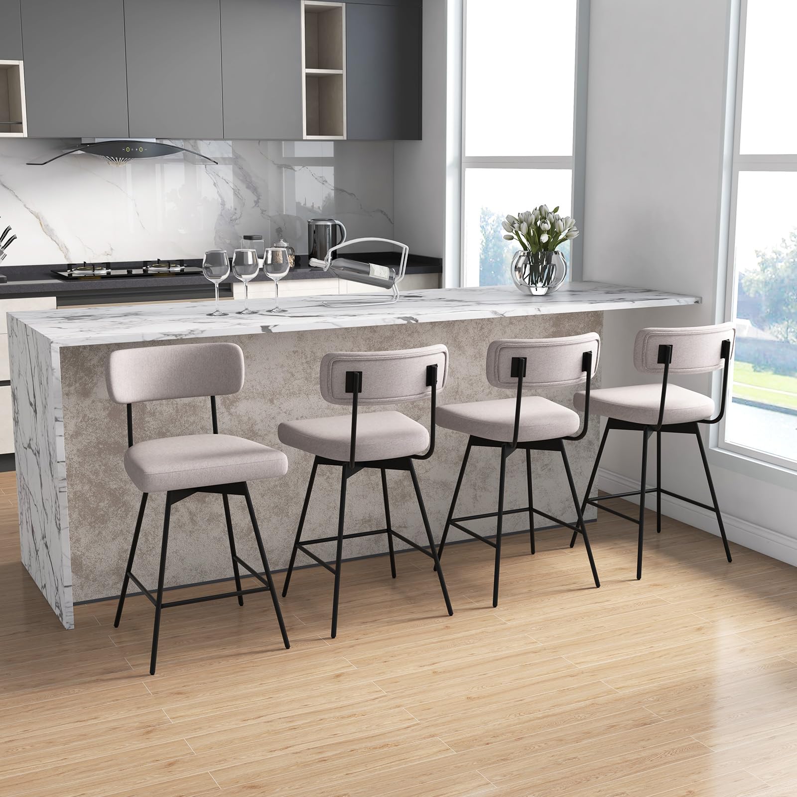 COSTWAY Bar Stools Set of 4, 25” Upholstered Counter Height Bar Stools with Back, 360° Swivel Dining Chairs with Heavy-Duty Metal Legs and Footrests, for Kitchen Island, Dining Room, Bar (4, Beige)