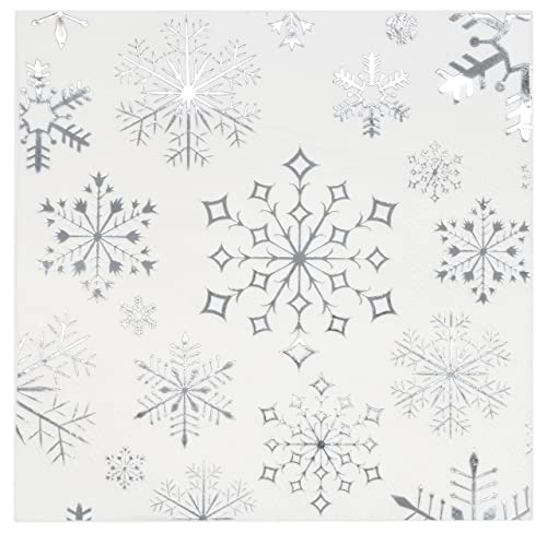 100 Christmas Snowflake Cocktail Beverage Napkins Holiday Disposable Paper Napkin Silver White Snowflakes Dessert Napkins for Home Dinner Buffet Xmas Decorative Tableware Party Supplies Decorations