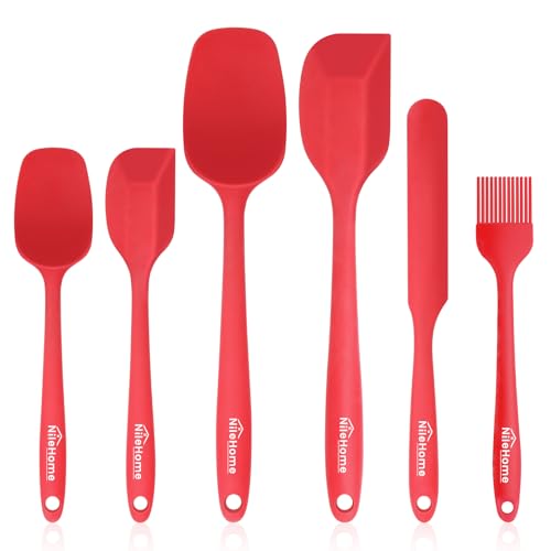 NileHome Silicone Spatula Set 6 Packs Food Grade Kitchen Utensils with Silicone Brush Heat Resistant BPA-free Rubber Spatula for Scraping, Baking, Cooking, Mixing, Red