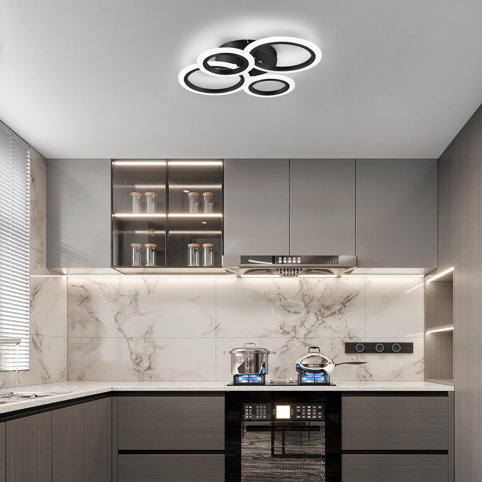 TEMINBU Modern LED Ceiling Light, Black 4 Rings Flush Mount Ceiling Light, 4000K Lighting Fixture Ceiling Lamp for Kitchen, Bedroom, Living Room, Laundry Room
