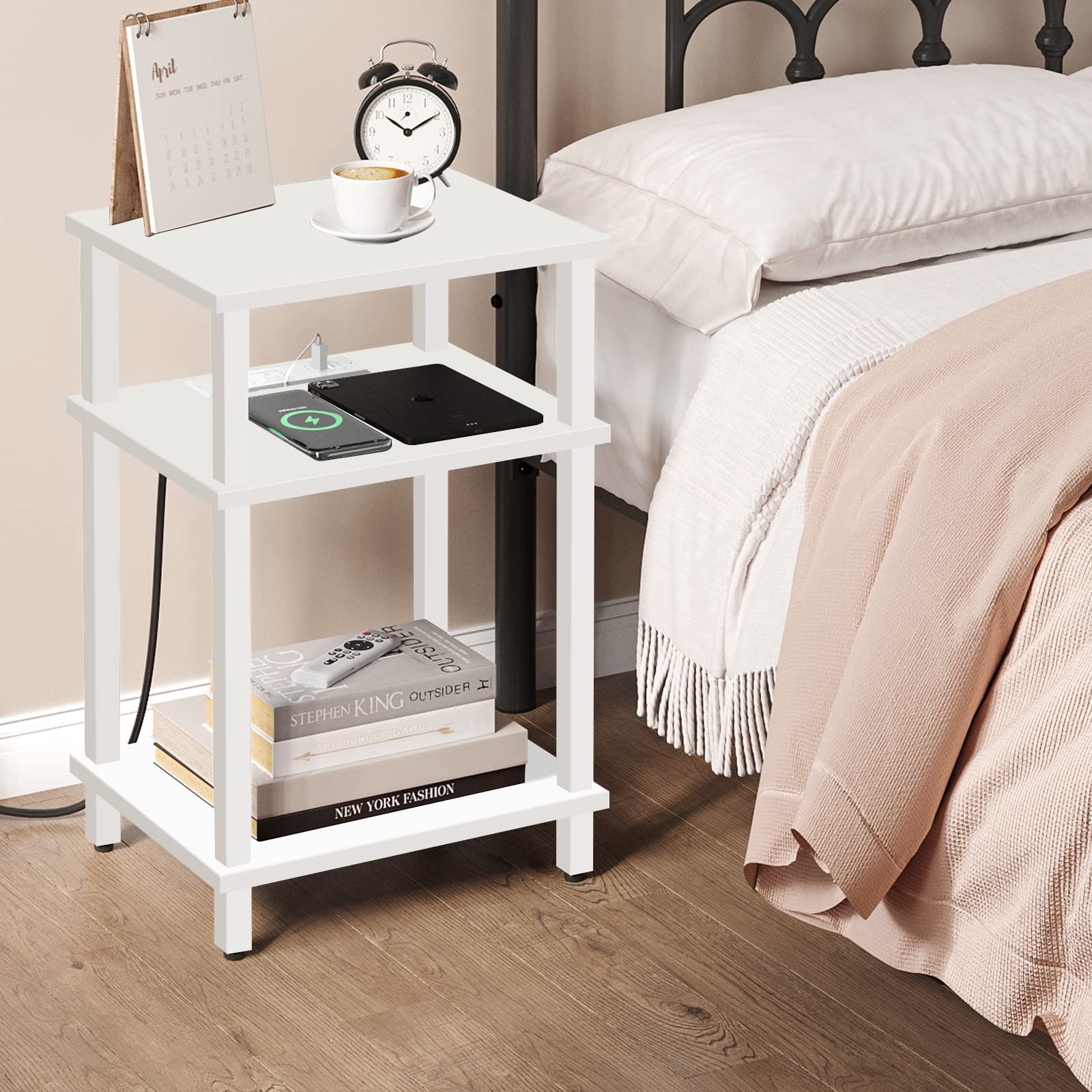 TUTOTAK End Table with Charging Station, Side Table with USB Ports and Outlets, Nightstand, 3-Tier Storage Shelf, Sofa Table for Small Space TB01BW042