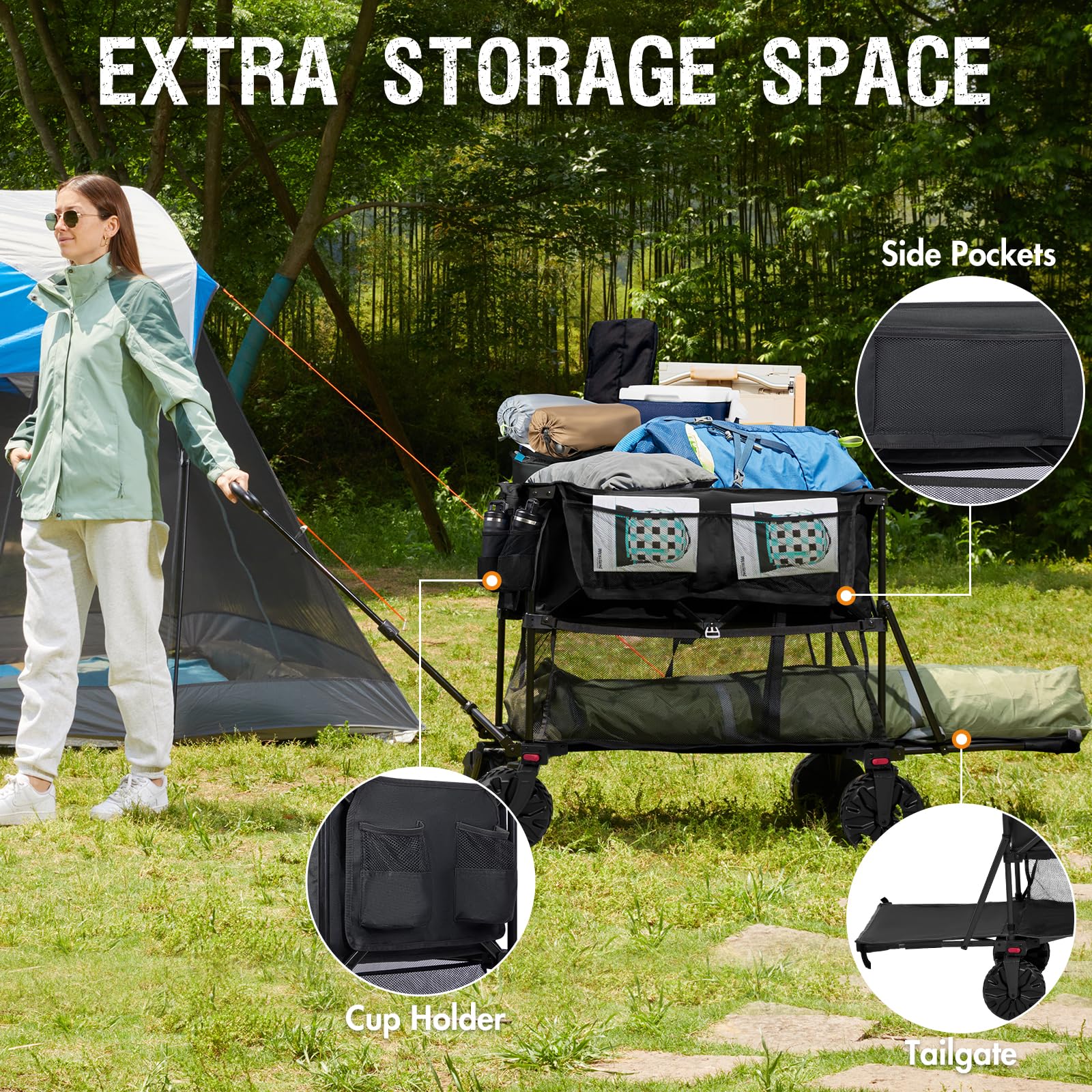 PORTAL 400L Collapsible Double Decker Wagon, Folding Wagon Cart with Tailgate, Beach Wagon with Big Wheels, 450LB Heavy Duty Foldable Wagon, Large Capacity Wagon for Camping, Sports, Garden, Baseball