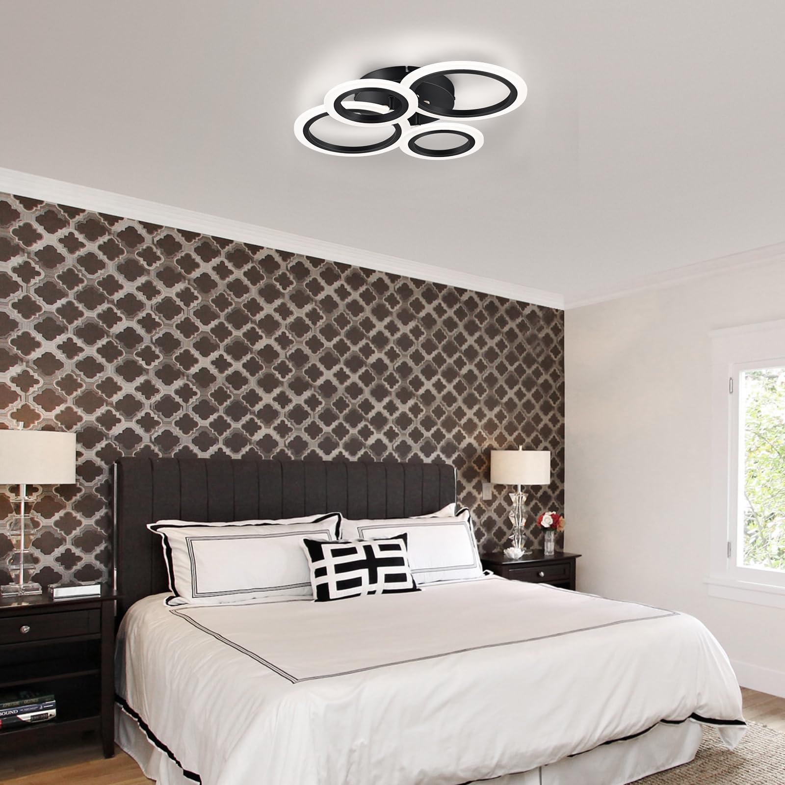 TEMINBU Modern LED Ceiling Light, Black 4 Rings Flush Mount Ceiling Light, 4000K Lighting Fixture Ceiling Lamp for Kitchen, Bedroom, Living Room, Laundry Room