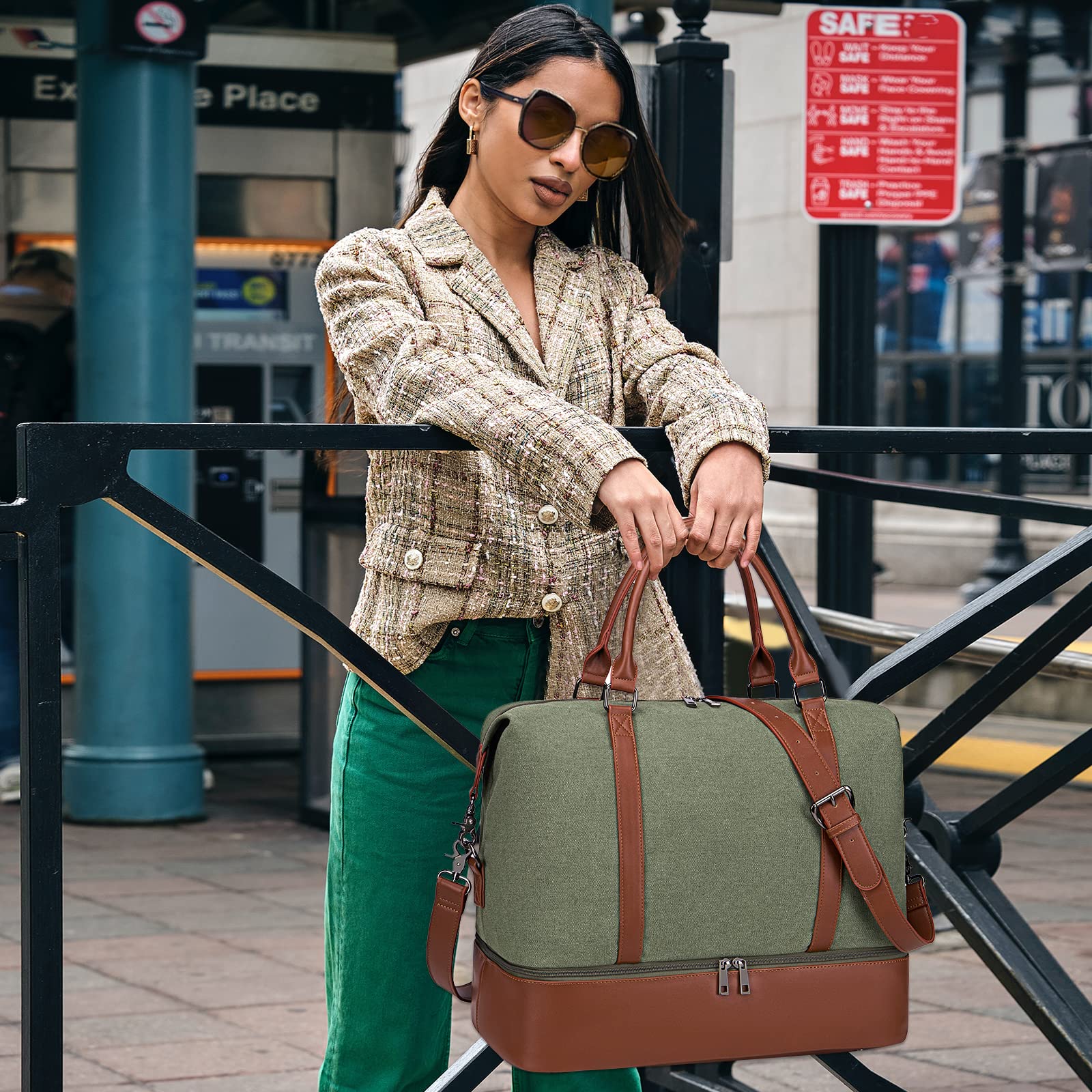 Bluboon Women Ladies Carry-on Tote Weekender Bag with Shoe Compartment, Canvas Overnight Travel Duffle Bag in Trolly Handle