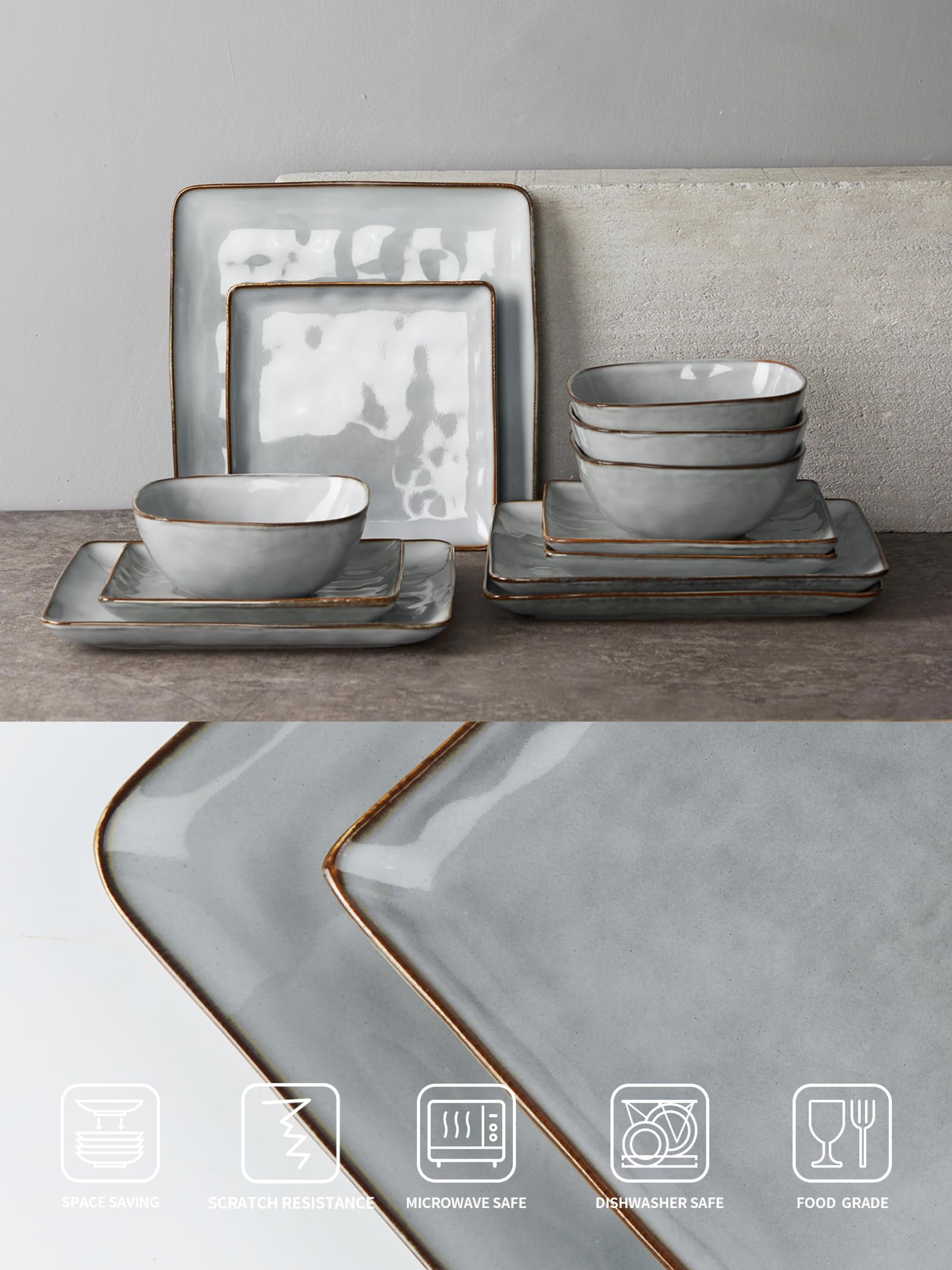 Famiware Dinnerware Sets for 4, Ocean Square 12-Piece Kitchen Plates and Bowls Sets, Reactive Glaze, Microwave and Dishwasher Safe, Scratch Resistant, Grey