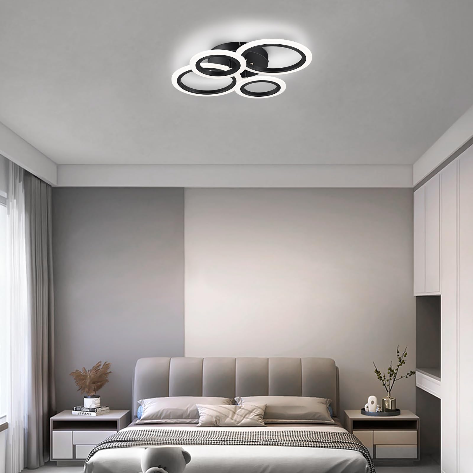 TEMINBU Modern LED Ceiling Light, Black 4 Rings Flush Mount Ceiling Light, 4000K Lighting Fixture Ceiling Lamp for Kitchen, Bedroom, Living Room, Laundry Room