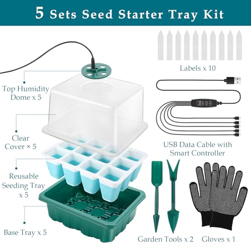 Seed Starter Tray with Grow Light, 60 Flexible Cells 5 PCS Seed Starter Kit, Reusable Seedling Starter Trays with Humidity Dome and High Lid, Germination Trays for Indoor Greenhouse Seed Starter
