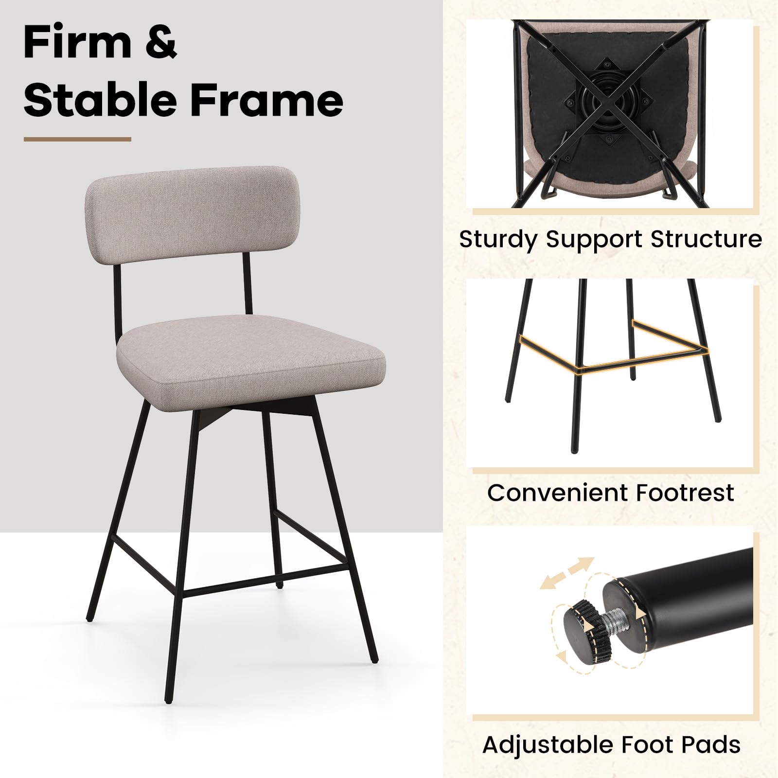 COSTWAY Bar Stools Set of 4, 25” Upholstered Counter Height Bar Stools with Back, 360° Swivel Dining Chairs with Heavy-Duty Metal Legs and Footrests, for Kitchen Island, Dining Room, Bar (4, Beige)