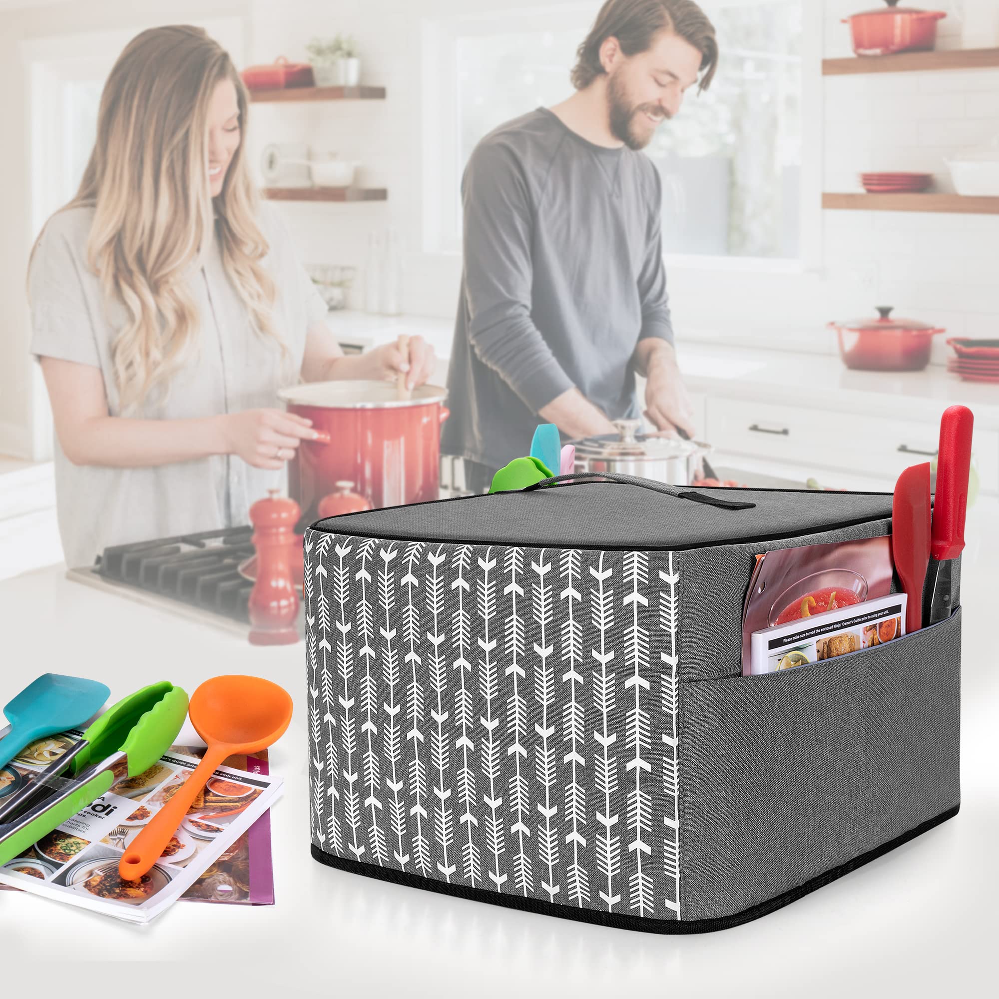YARWO Slow Cooker Dust Cover Compatible for Hamilton Beach 6-8 qt Slow Cooker and Crock Pot , Dust Cover with Top Handle and Pockets, Gray with Arrow