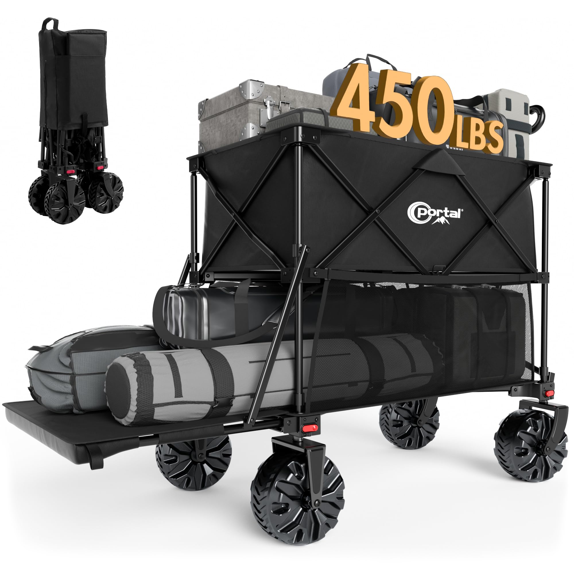 PORTAL 400L Collapsible Double Decker Wagon, Folding Wagon Cart with Tailgate, Beach Wagon with Big Wheels, 450LB Heavy Duty Foldable Wagon, Large Capacity Wagon for Camping, Sports, Garden, Baseball