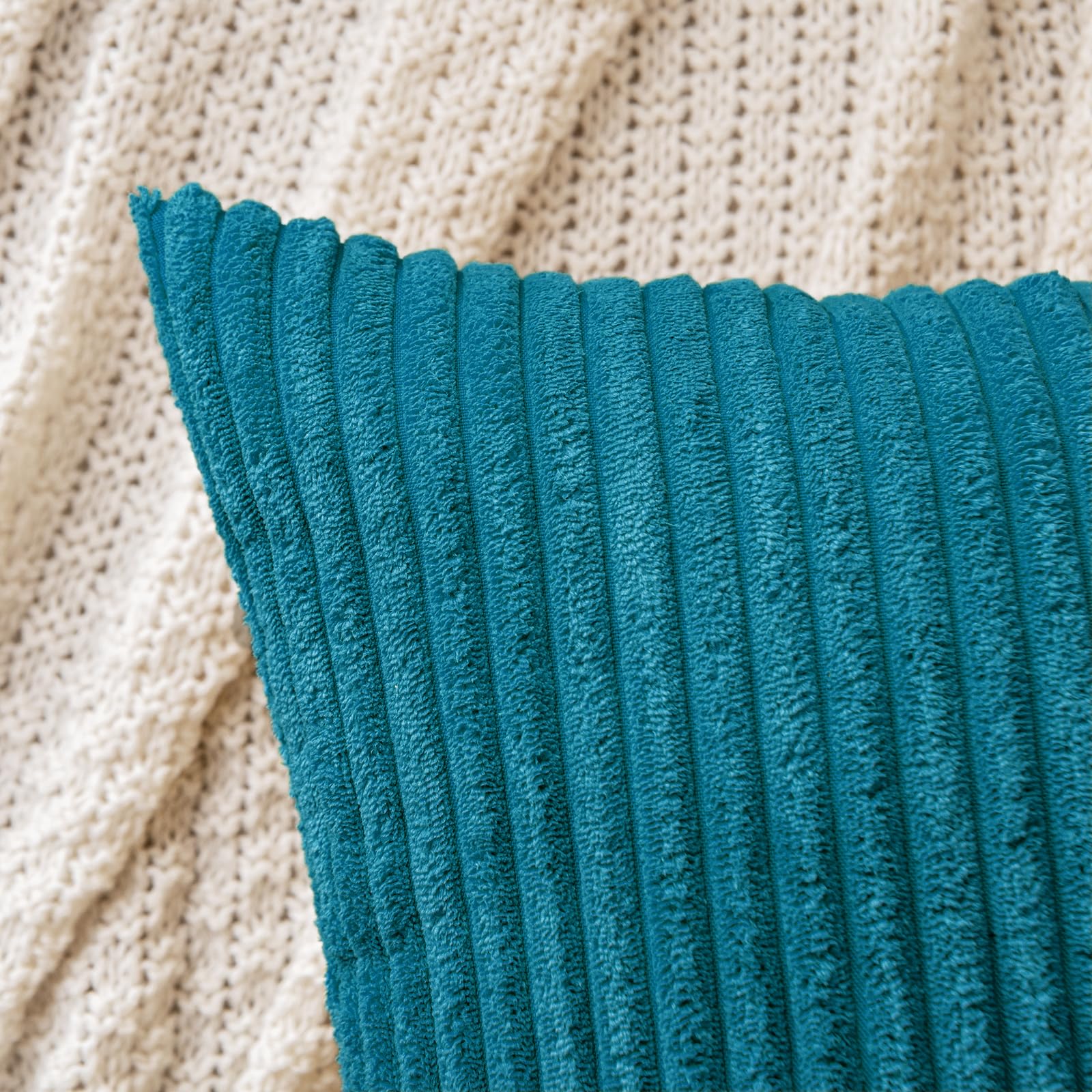 EMEMA Throw Pillow Covers Corduroy Decorative Soft Striped Square Cushion Covers Spring Pillowcases for Couch Sofa Bedroom Chair Car 20x20 Inch Pack of 2, Ocean Blue