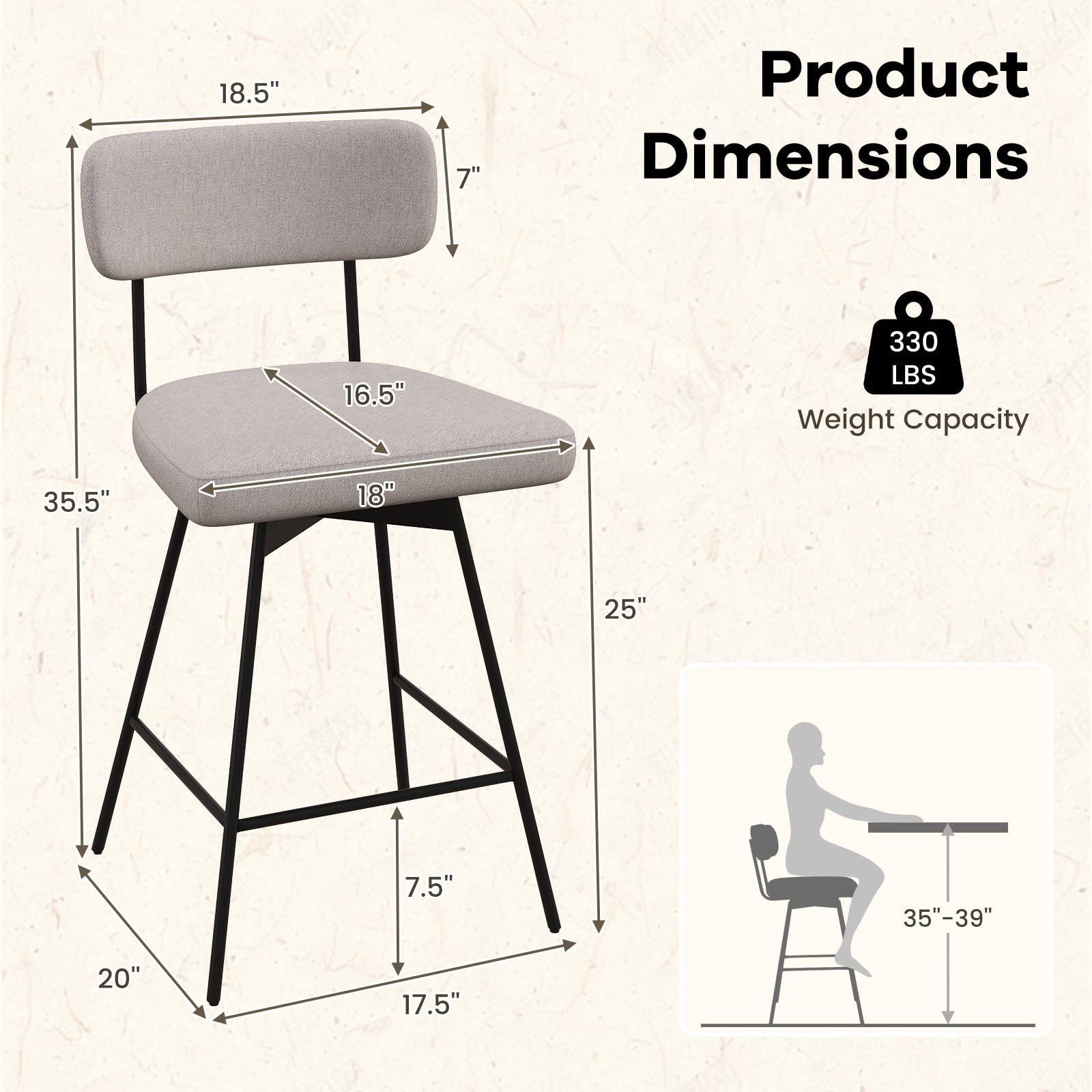 COSTWAY Bar Stools Set of 4, 25” Upholstered Counter Height Bar Stools with Back, 360° Swivel Dining Chairs with Heavy-Duty Metal Legs and Footrests, for Kitchen Island, Dining Room, Bar (4, Beige)