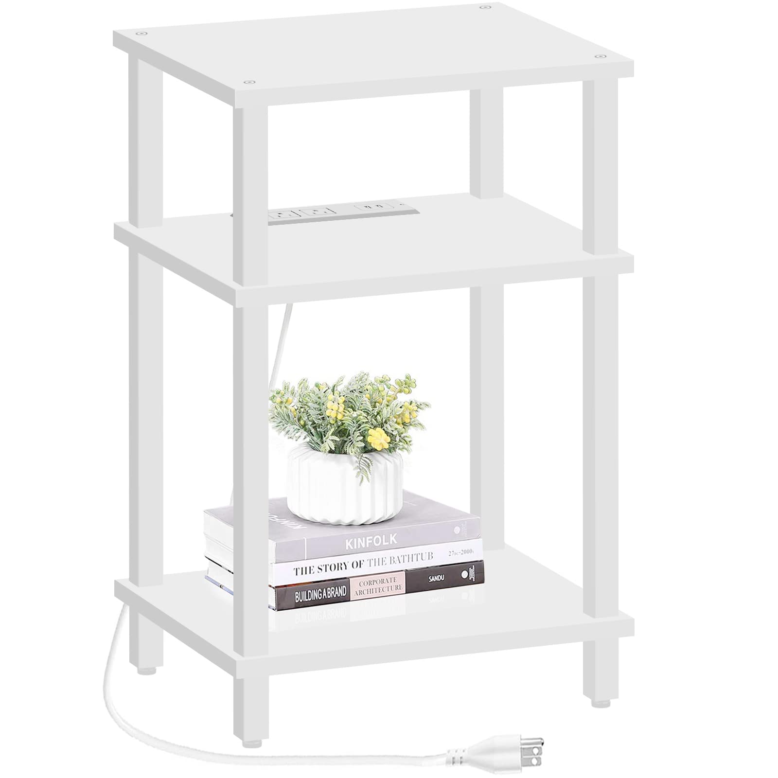 TUTOTAK End Table with Charging Station, Side Table with USB Ports and Outlets, Nightstand, 3-Tier Storage Shelf, Sofa Table for Small Space TB01BW042