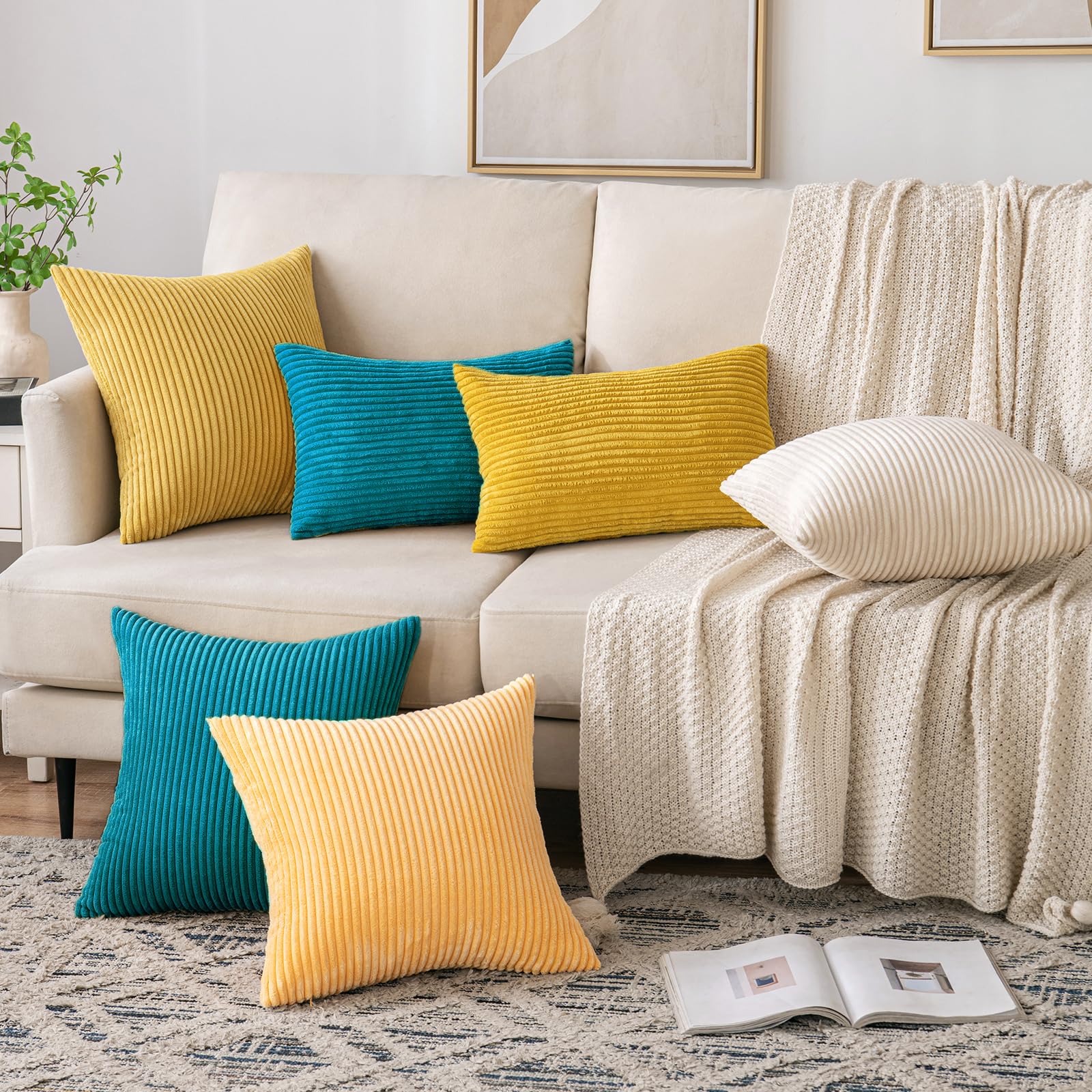 EMEMA Throw Pillow Covers Corduroy Decorative Soft Striped Square Cushion Covers Spring Pillowcases for Couch Sofa Bedroom Chair Car 20x20 Inch Pack of 2, Ocean Blue