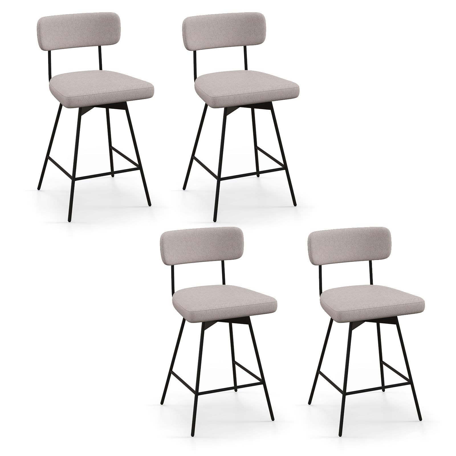COSTWAY Bar Stools Set of 4, 25ā Upholstered Counter Height Bar Stools with Back, 360° Swivel Dining Chairs with Heavy-Duty Metal Legs and Footrests, for Kitchen Island, Dining Room, Bar (4, Beige)