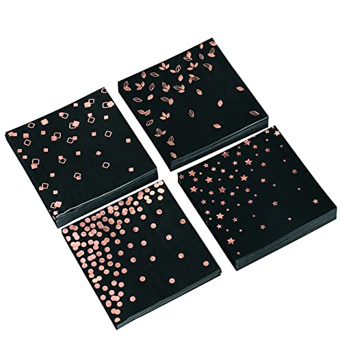 100 Black and Rose Gold Napkins - 4 Assorted Designs, 3-Ply Cocktail Napkins Folded 5x5 Inches Bar Napkins Disposable Beverage Party Napkins Paper Napkins Dinner for Wedding Birthday