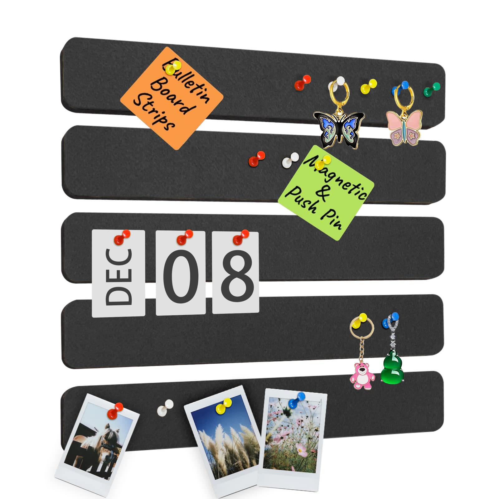 Bulletin Board, Jeethemy Felt Pin Board Bar Strips, Self Adhesive Cork Boards for Walls with 35 Push Pins for Bedrooms Offices Home Decoration,5 Pack,Black