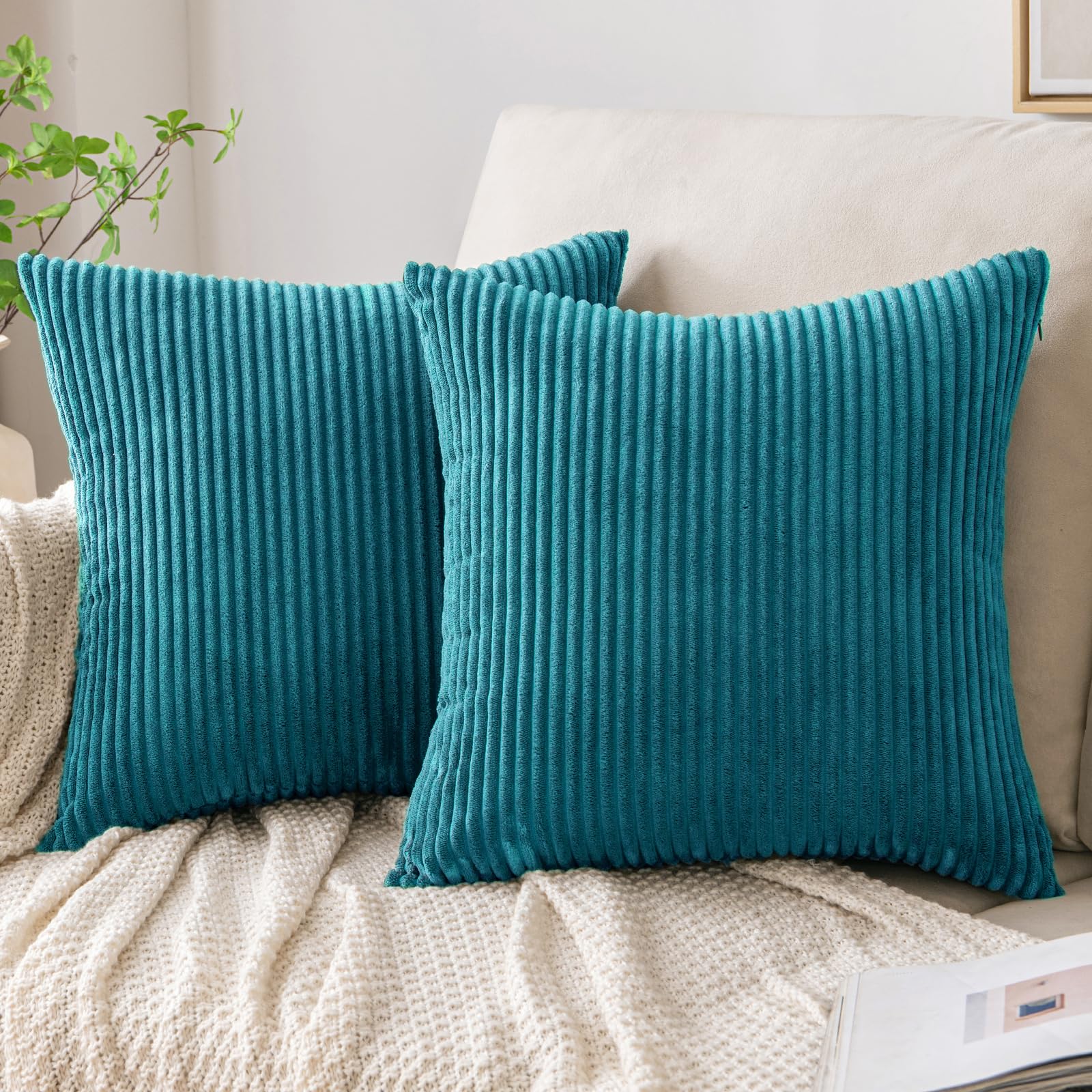 EMEMA Throw Pillow Covers Corduroy Decorative Soft Striped Square Cushion Covers Spring Pillowcases for Couch Sofa Bedroom Chair Car 20x20 Inch Pack of 2, Ocean Blue