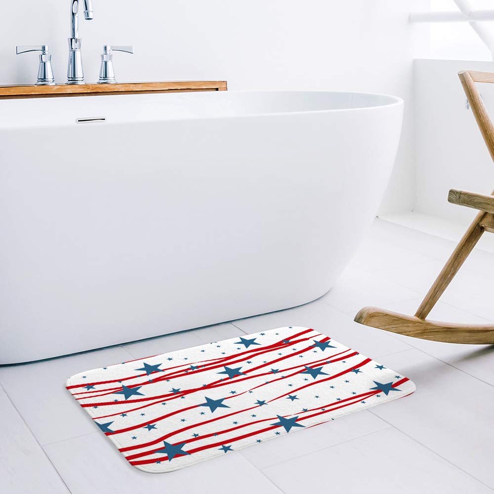 DIFNARY July 4th Bath Rugs Patriotic American USA Stars Independence Day Holiday Sponge Doormat Absorbent Non Slip Backing Flannel Mat Red Stripe Memory Foam Mats for Bathroom Kitchen, 18 * 30IN