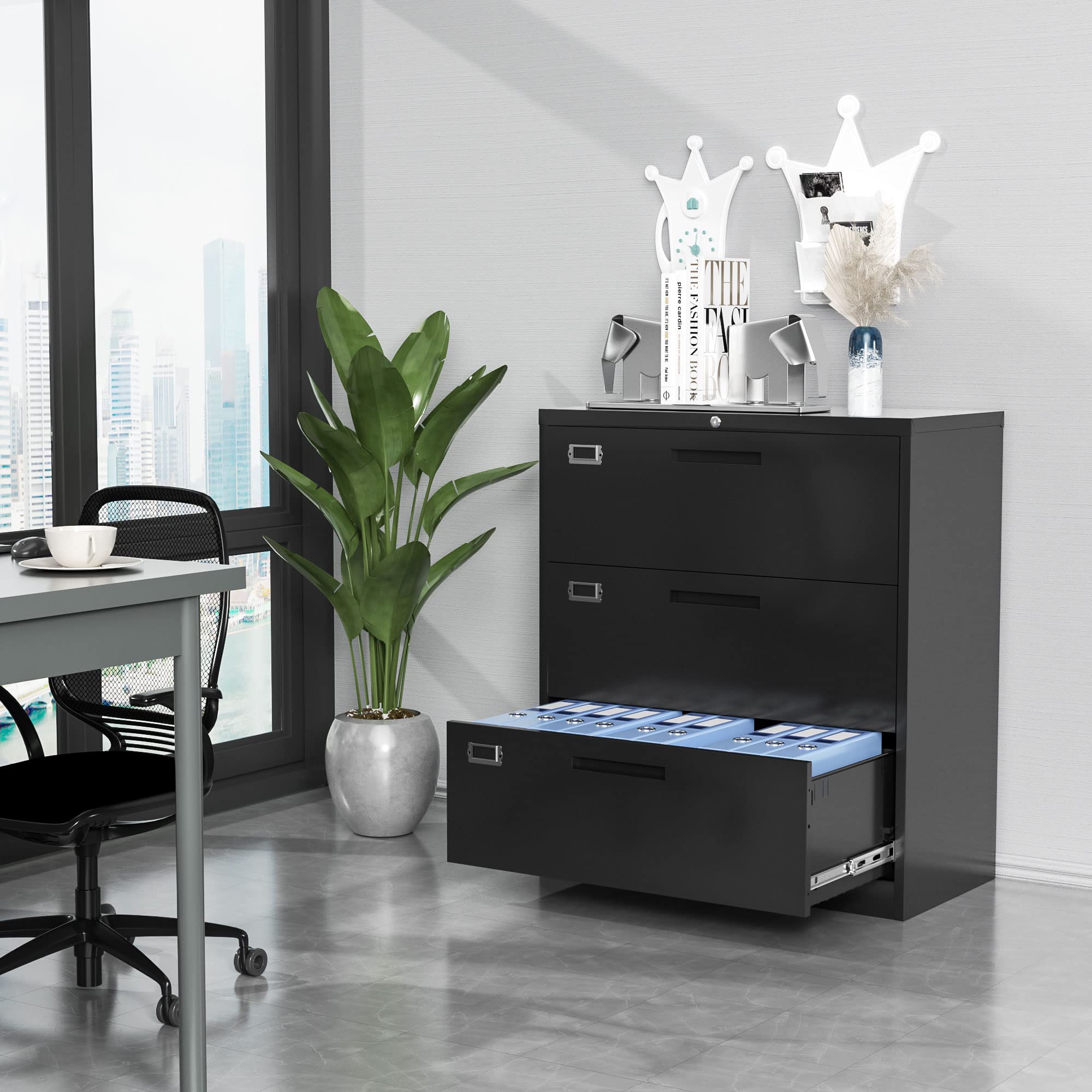 LISSIMO Lateral File Cabinet with Lock, 3 Drawer Metal Storage Filing Cabinet for Hanging Files Letter/Legal/F4/A4 Size, Vertical Files for Home Office (Black)