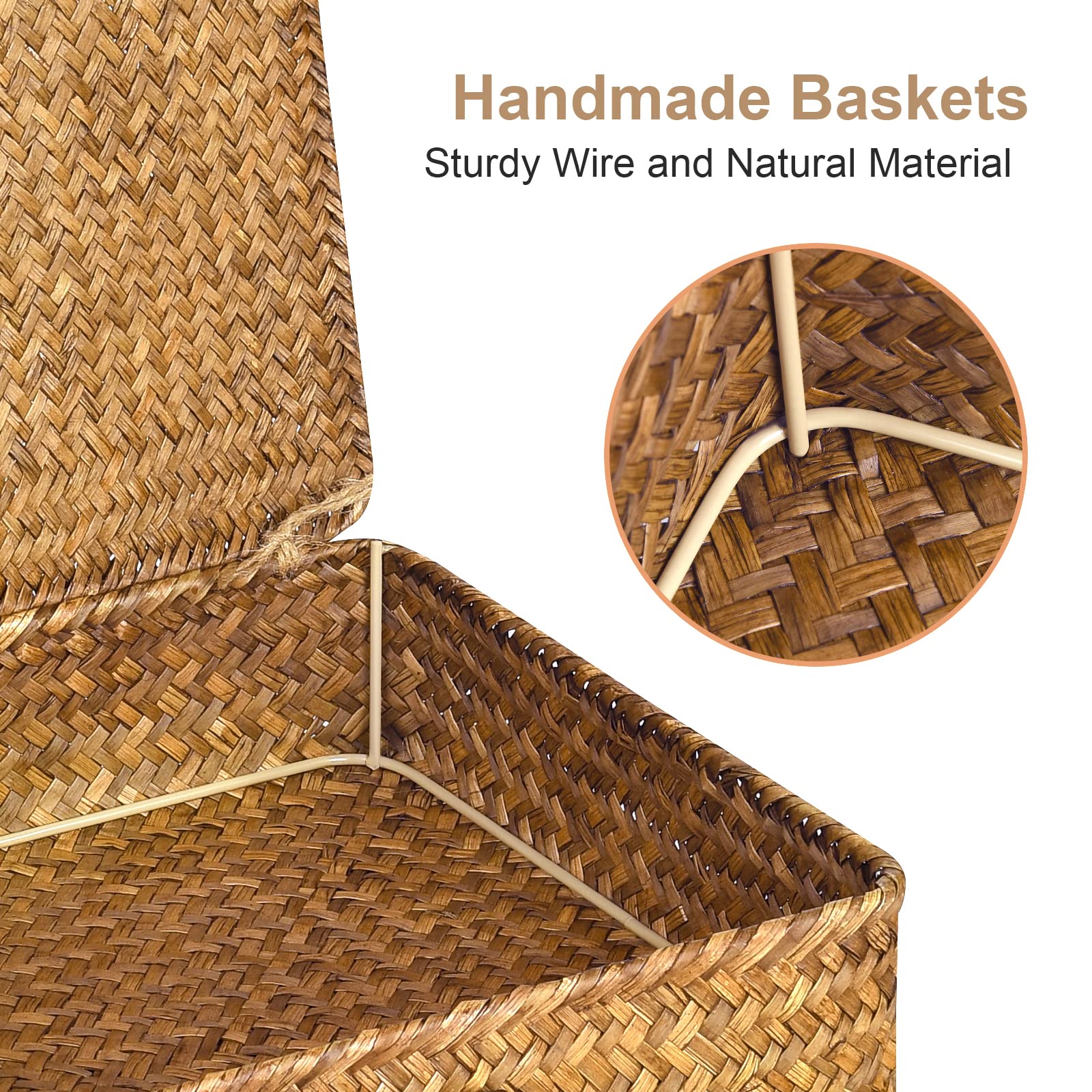 FOSSORH Set of 2 Flat Seagrass Storage Bins with Lid Wicker Storage Baskets for Organizing, Woven Shelf Organizer Bins Home Utility Organizer Box for Home & Office Supplies (Caramel)
