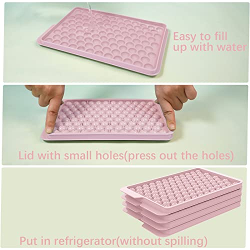 Toobimen Mini Ice Cube Trays, 4 Pack Small Ice Cube Tray with Lid and Bin, 104x4 PCS Ice Ball Maker Mold, Crushed Ice Trays Easy Release for Chilling Drinks, Coffee, Cocktail, Juice (Pink)
