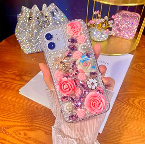 Threesee for Galaxy S9 Plus Bling Glitter Flowers Case,Luxury Crystal Rhinestone Pearl Cover Shiny Diamond Women Girls Kids Floristic Phone Case for Samsung Galaxy S9 Plus