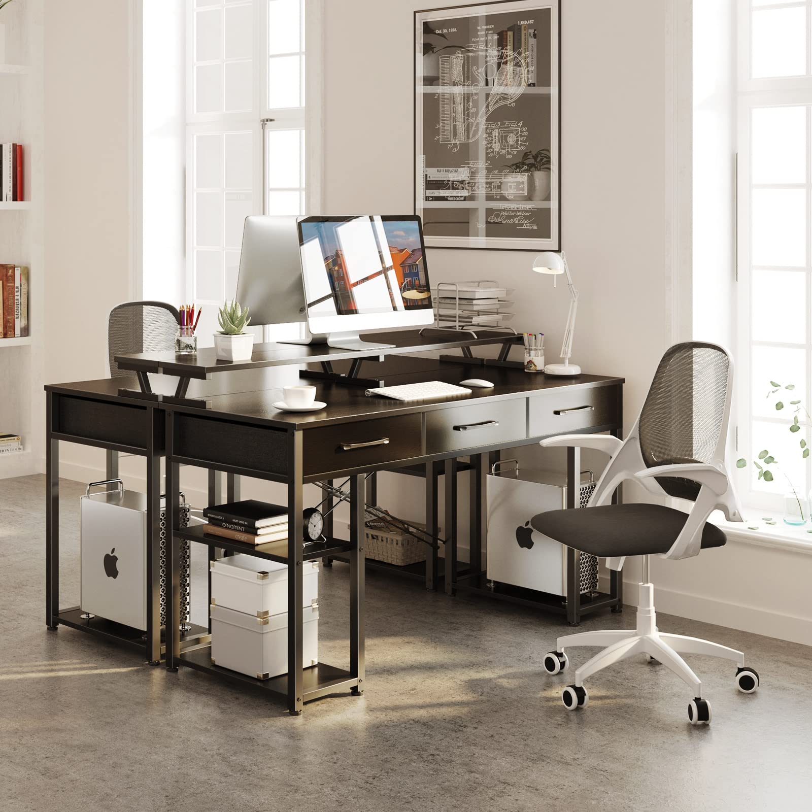 ODK Computer Desk with Drawers and Storage Shelves, 48 inch Home Office Desk with Monitor Stand, Modern Work Study Writing Table Desk for Small Spaces, Black
