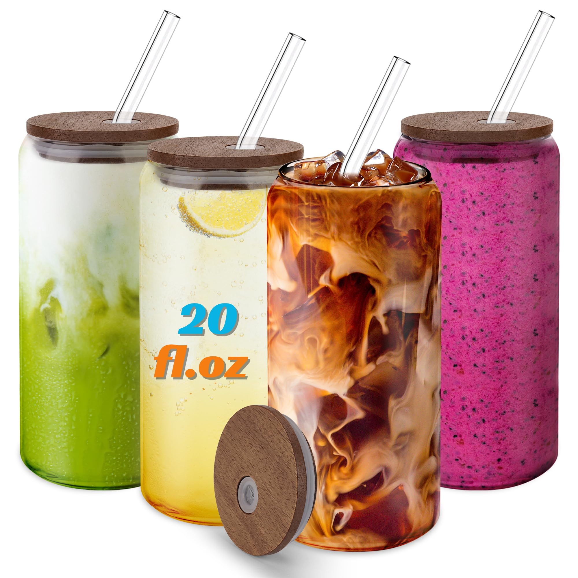 20 OZ Glass Cups with Acacia Lids and Glass Straws - 4pcs Set Beer Can Shaped Drinking Glasses, Iced Coffee Glasses, Cute Tumbler Cup for Smoothies, Juices, Boba Tea, Water - Cleaning Brush Included