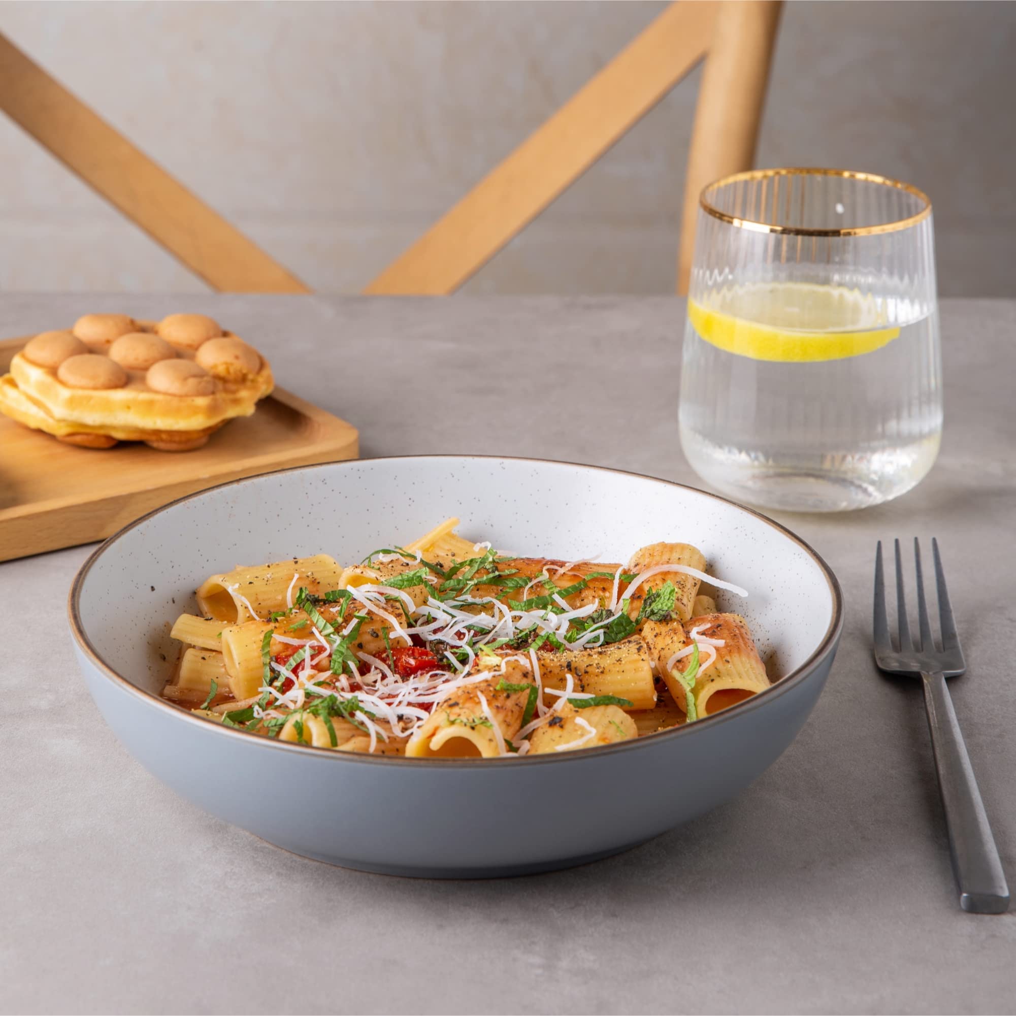 AmorArc 8.5'' Stoneware Pasta Bowls, 32oz Large Speckled Bowls Set of 4 for Kitchen, Wide & Flat Bowls for Pasta,Salad,Oatmeal, Microwave&Dishwasher Safe, Matte Gray