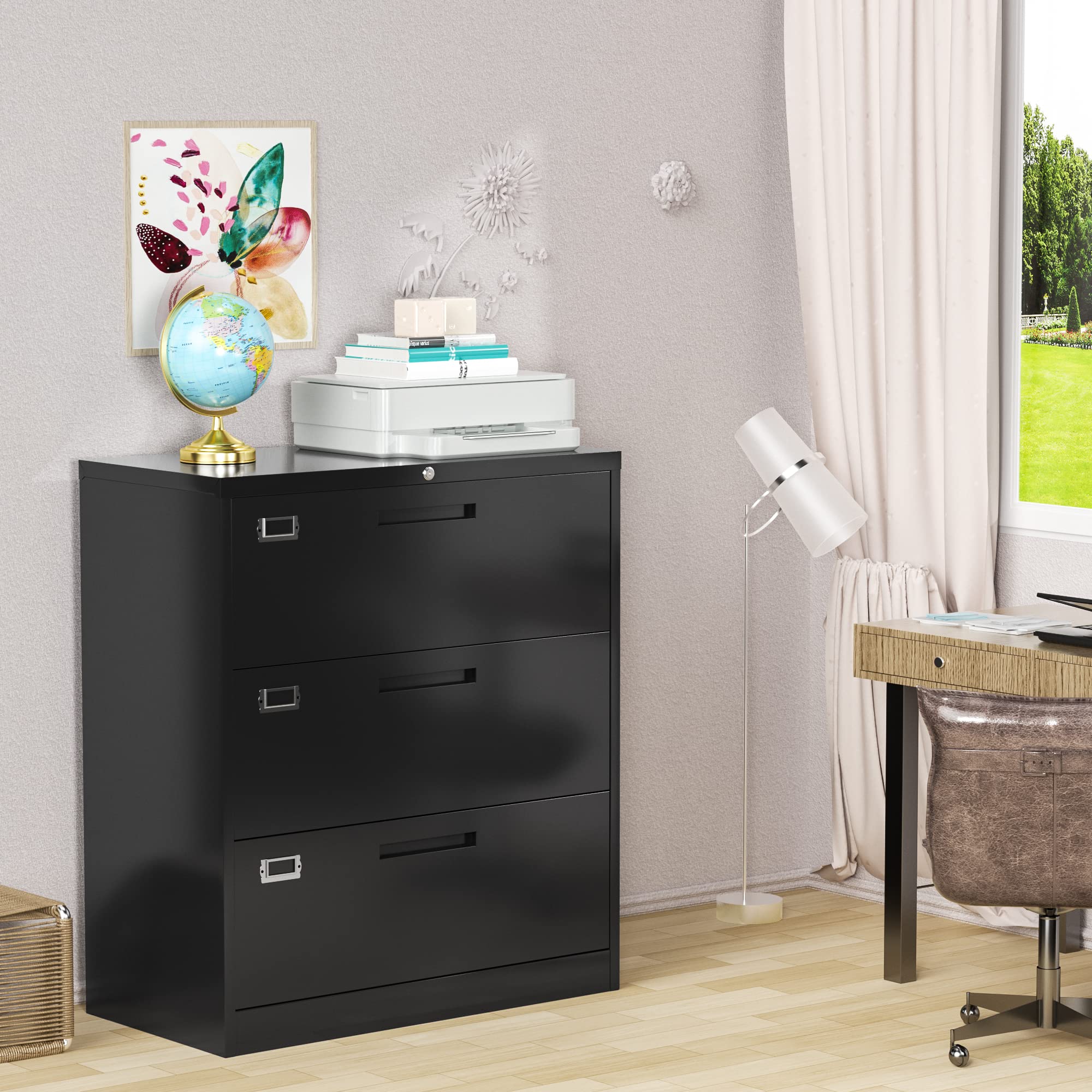 LISSIMO Lateral File Cabinet with Lock, 3 Drawer Metal Storage Filing Cabinet for Hanging Files Letter/Legal/F4/A4 Size, Vertical Files for Home Office (Black)