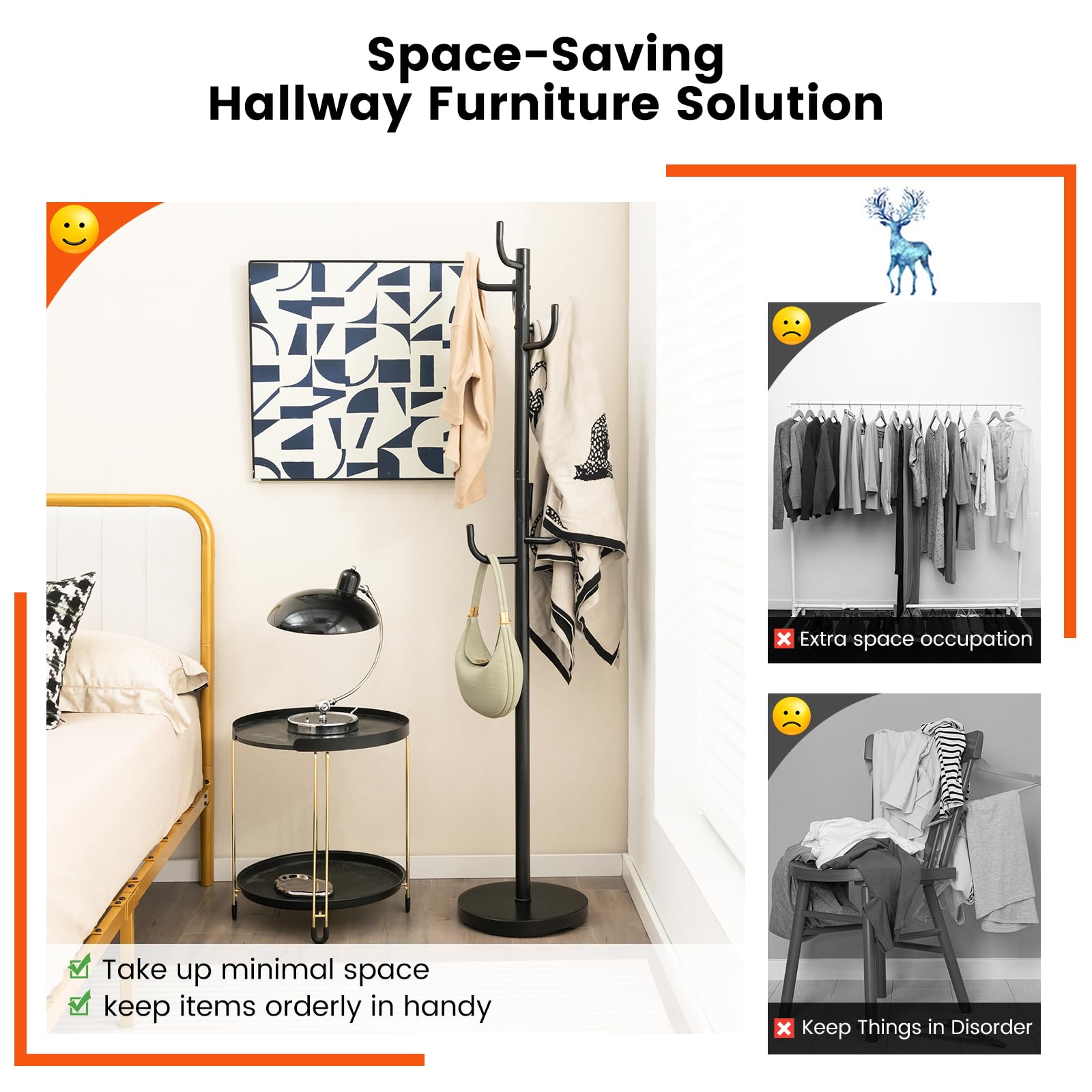 Tangkula Coat Rack Freestanding, Heavy Duty Metal Coat Tree with 8 Hooks, Coat Hanger Stand with 13-inch Enlarged Base, Standing Hall Tree, Home Entryway Hat Jacket Hanger for Scarf, Bag, Umbrella