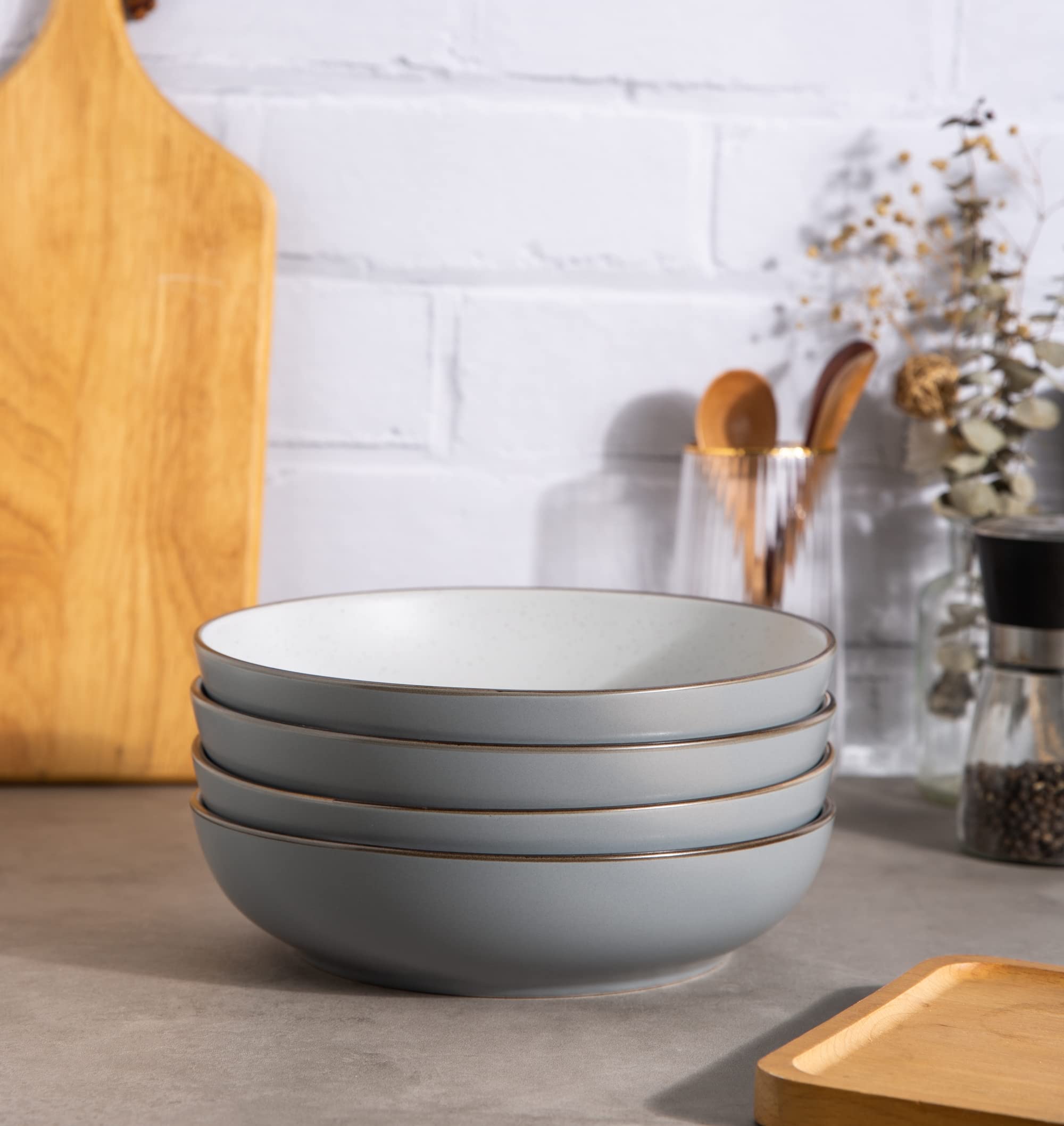 AmorArc 8.5'' Stoneware Pasta Bowls, 32oz Large Speckled Bowls Set of 4 for Kitchen, Wide & Flat Bowls for Pasta,Salad,Oatmeal, Microwave&Dishwasher Safe, Matte Gray
