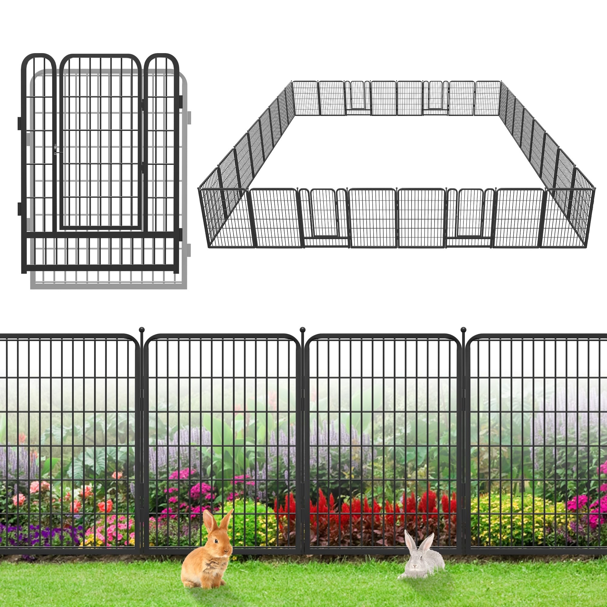 Decorative Garden Fence 32 Pack Black Metal Fence Panels 40in(H) x72ft(L) Temporary Fencing for Yard, Patio, Outdoor, Landscape, Flower Bed Animal Barrier Border for Dog