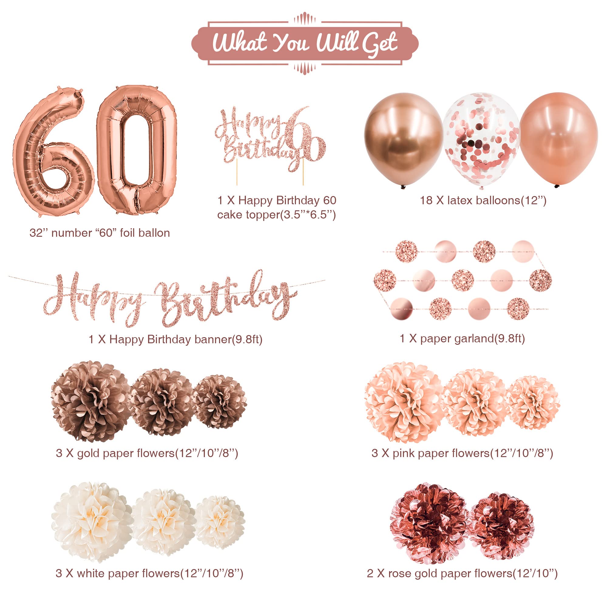 60th Birthday Party Decorations Rose Gold Decor Party Supplies Tissue Pom Poms Paper Circle Dots Garlands, Hanging Party Supply Set for 60th Anniversary Decorations Birthday Party Backdrop