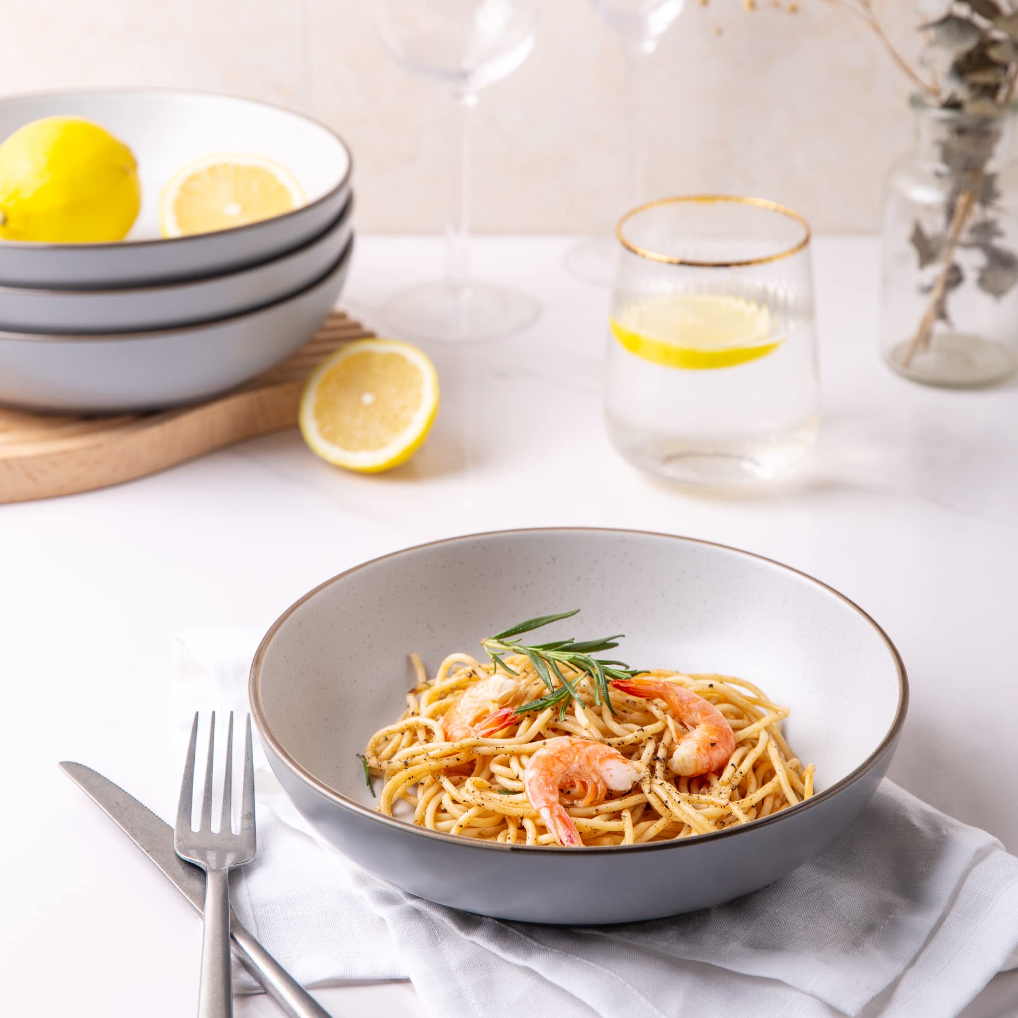 AmorArc 8.5'' Stoneware Pasta Bowls, 32oz Large Speckled Bowls Set of 4 for Kitchen, Wide & Flat Bowls for Pasta,Salad,Oatmeal, Microwave&Dishwasher Safe, Matte Gray
