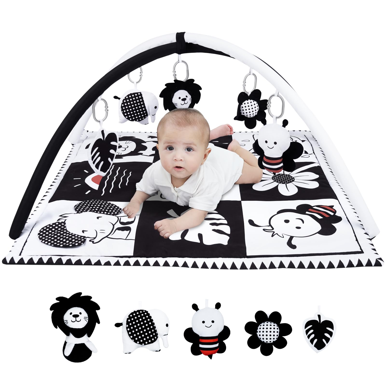 Lovvie & Joy Baby Play Activity Gym Tummy Time Mat for Infant,Baby Gyms & Playmats for Babies 0 to 3 6 9 12 Months with 5 Toys for Early Sensory Exploration and Motor Skill Development