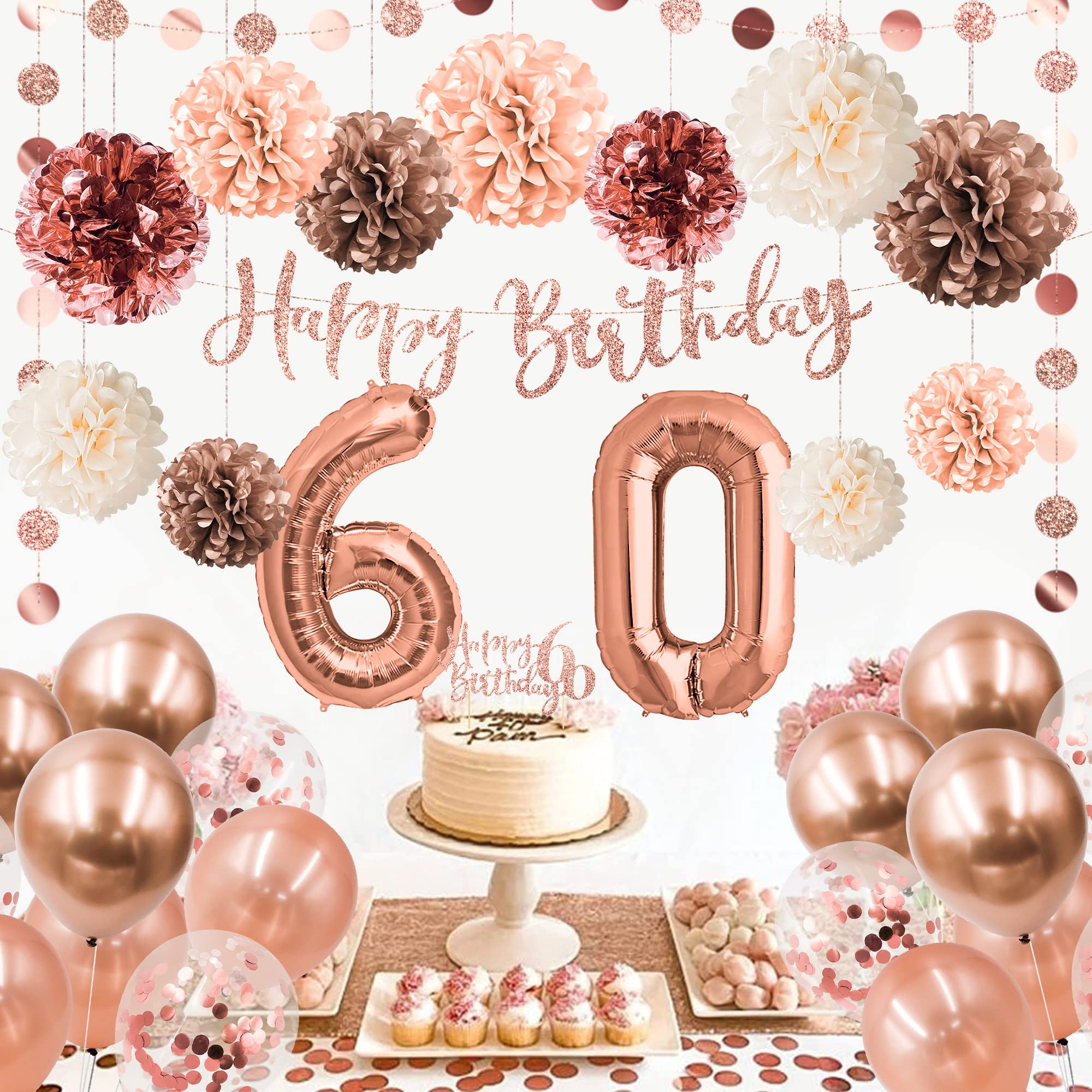 60th Birthday Party Decorations Rose Gold Decor Party Supplies Tissue Pom Poms Paper Circle Dots Garlands, Hanging Party Supply Set for 60th Anniversary Decorations Birthday Party Backdrop