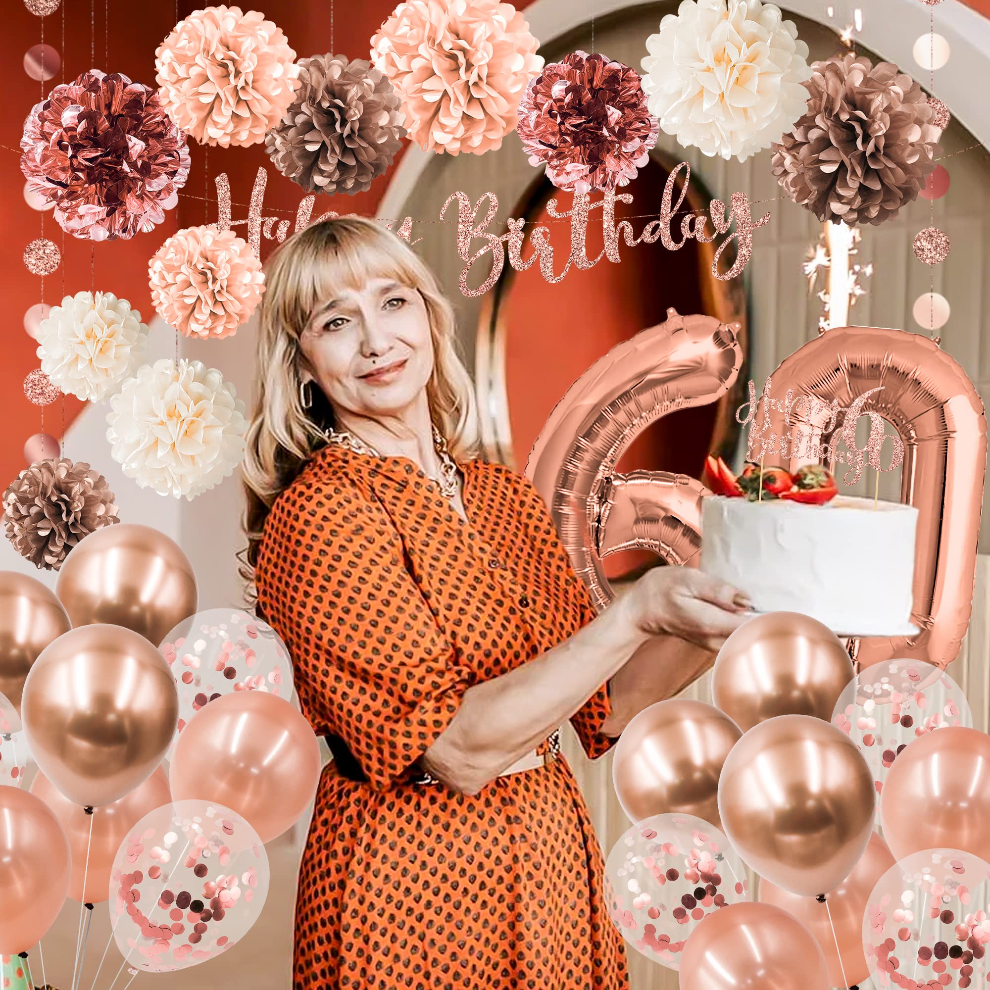 60th Birthday Party Decorations Rose Gold Decor Party Supplies Tissue Pom Poms Paper Circle Dots Garlands, Hanging Party Supply Set for 60th Anniversary Decorations Birthday Party Backdrop