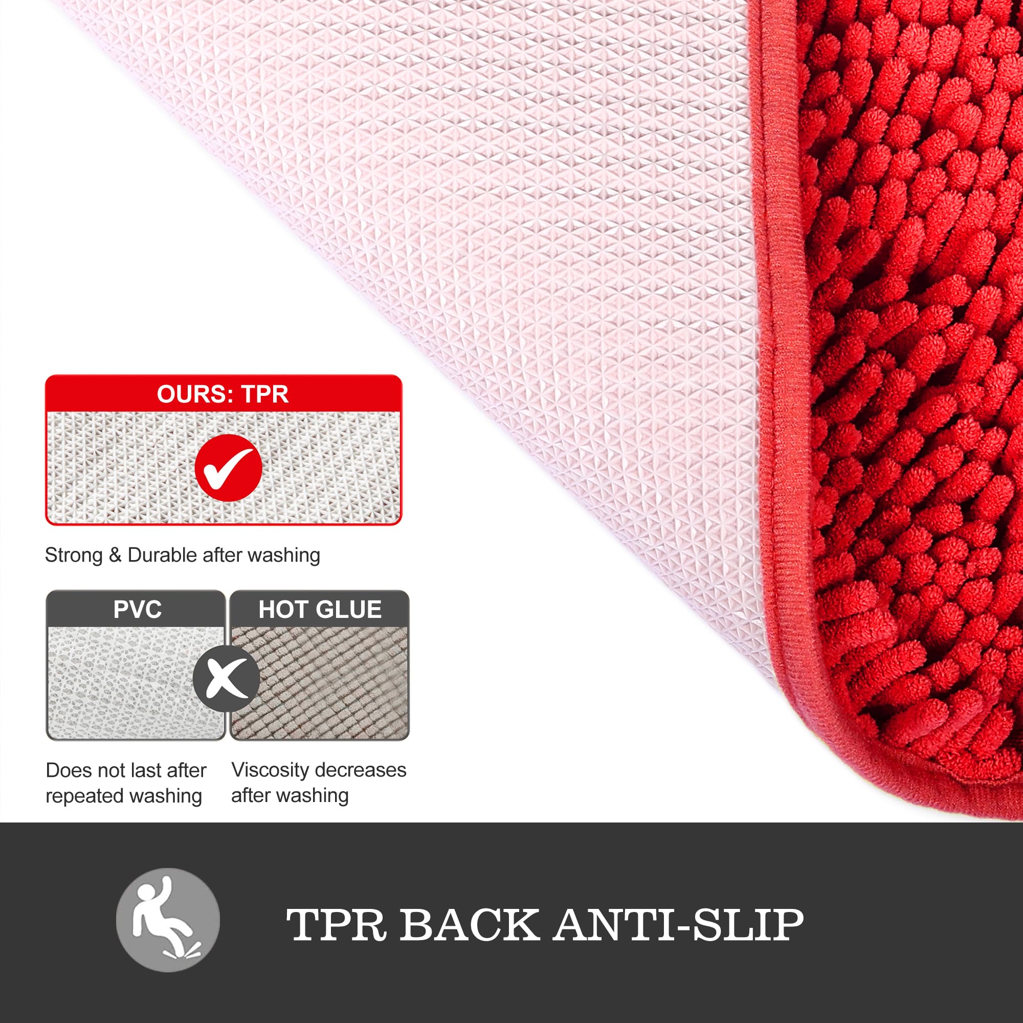 Yeaban Red Bathroom Rugs – Thick Chenille Bath Mats | Absorbent and Washable Bath Rug Non-Slip, Plush and Soft Rugs for Bathroom, Kitchen, Shower, Sink - 17" x 24"