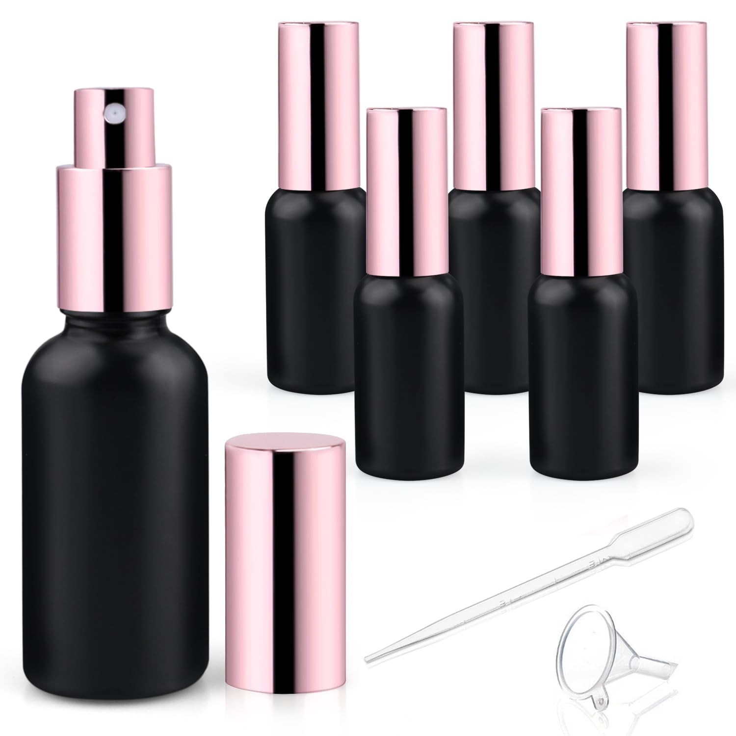 DMuuuDM 6 Pack 1 Oz Black Frosted Glass Spray Bottles,Empty Perfume Fine Mist Atomizer,Essential Oils,Body Sprays-Funnel&Pipette Included