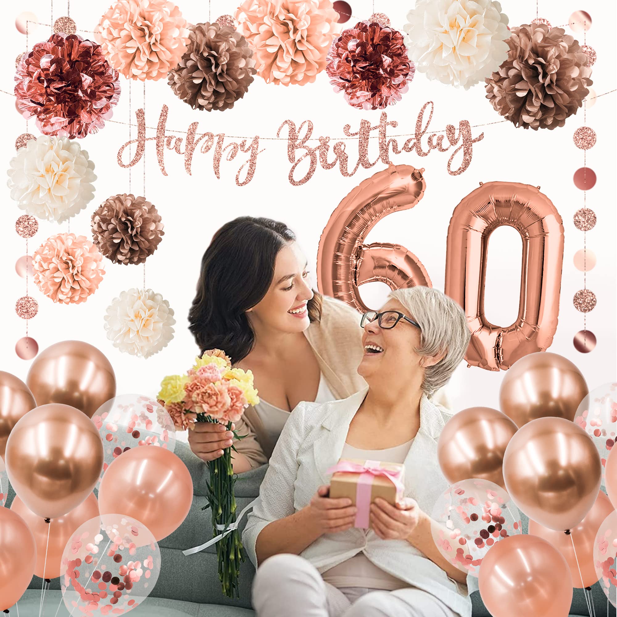 60th Birthday Party Decorations Rose Gold Decor Party Supplies Tissue Pom Poms Paper Circle Dots Garlands, Hanging Party Supply Set for 60th Anniversary Decorations Birthday Party Backdrop