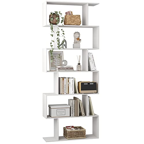 HOMEFORT Wooden Geometric Bookshelf,6-Tier S-Shaped Bookcase,6 Shelf Morden Bookshelves,Unique Freestanding Tall Book Shelf and Book Case for Bedroom and Living Room Home Office,White