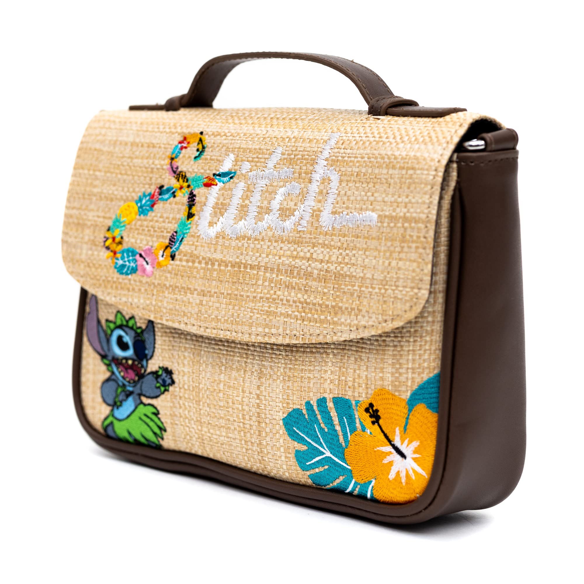 Disney Bag, Fold Over Crossbody, Lilo and Stitch Embroidered Stitch Poses, Raffia Straw