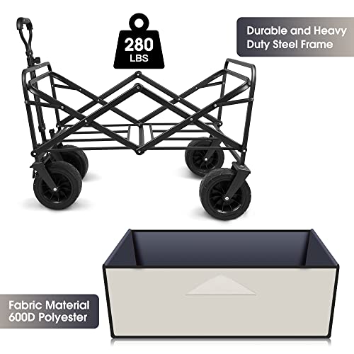 COOZMENT All Terrain Utility Wagon,Folding Wagon Heavy Duty,Collapsible Folding Wagon Cart with Big Wheels,Beach Wagon Cart with 280lbs Weight Capacity,Lounge Wagon for Camping Sports Outdoor(Beige)