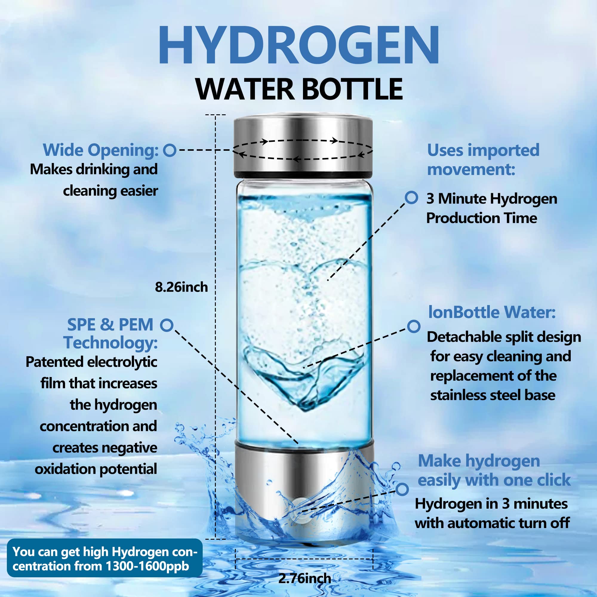 Govel Portable Hydrogen Water Generator Bottle SPE PEM Technology, Alkaline Ionizer Generator USB Rechargeable Portable Hydrogen Rich Water Glass Health Bottle for Health Life