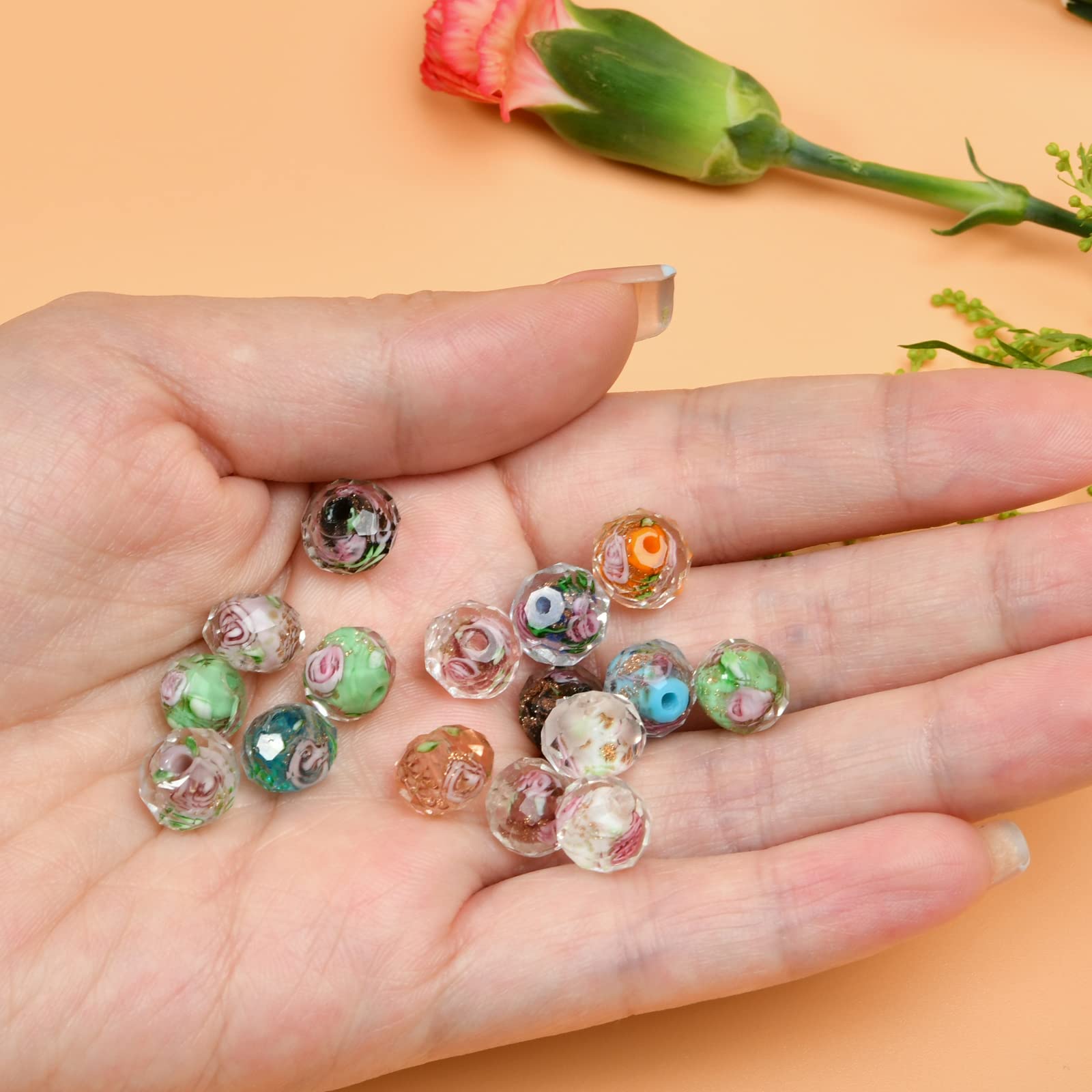 80pcs Flower Glass Bead Gold Sand Lampwork Beads Glass Handmade Round Loose with Hole 2mm Beads for Rosary Making Jewelry Craft Making (10MM)