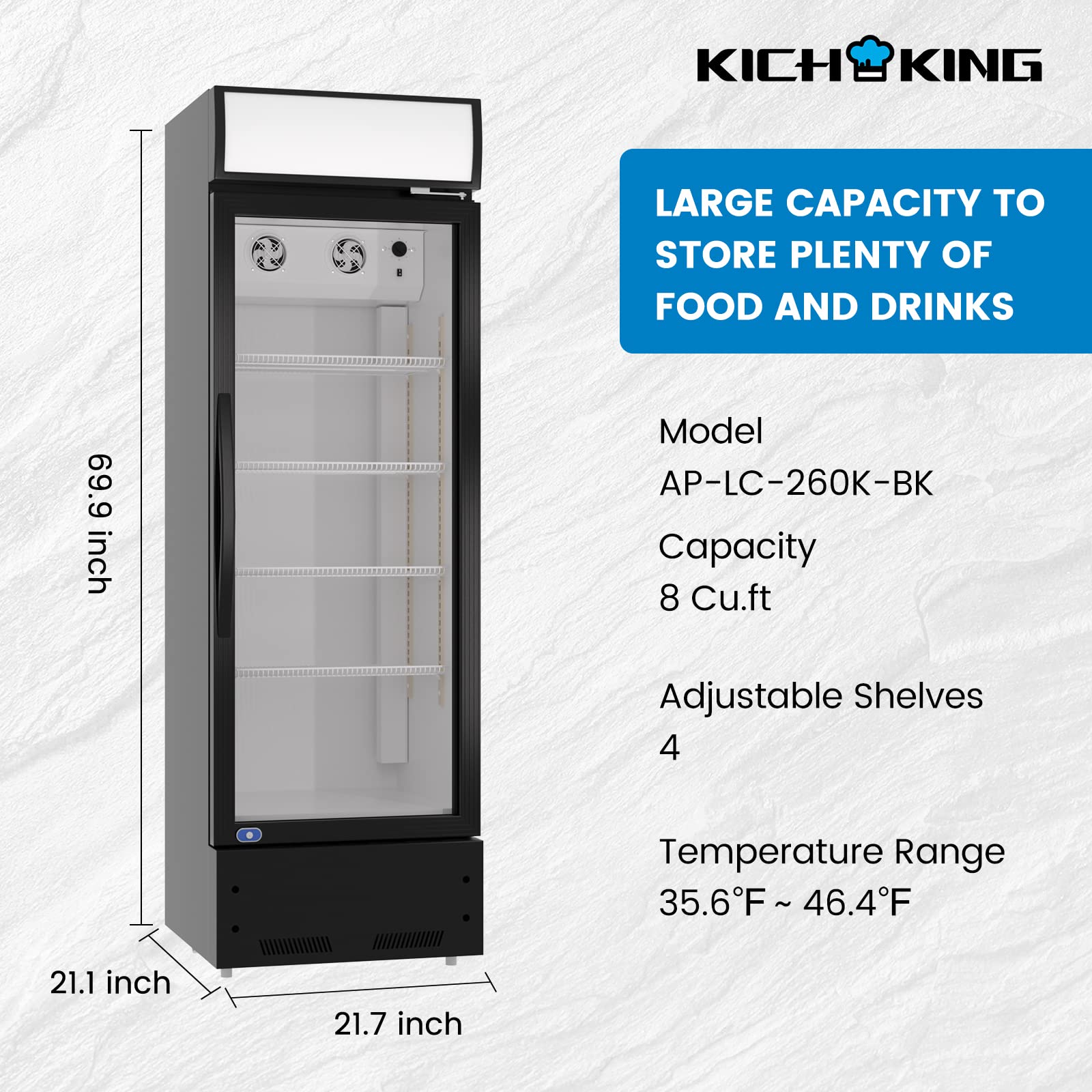 KICHKING 8.0 Cu.ft Merchandiser Refrigerator, 35~46?, 21.7" W Glass Door Upright Display Refrigerator, Light Box Beverage Cooler, LED Lighting, Drink Fridge-Black, for Home Restaurant Grocery Stores
